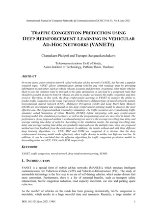 TRAFFIC CONGESTION PREDICTION USING DEEP REINFORCEMENT LEARNING IN VEHICULAR AD-HOC NETWORKS ...