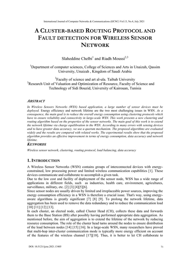 A CLUSTER-BASED ROUTING PROTOCOL AND FAULT DETECTION FOR WIRELESS SENSOR NETWORK | PDF