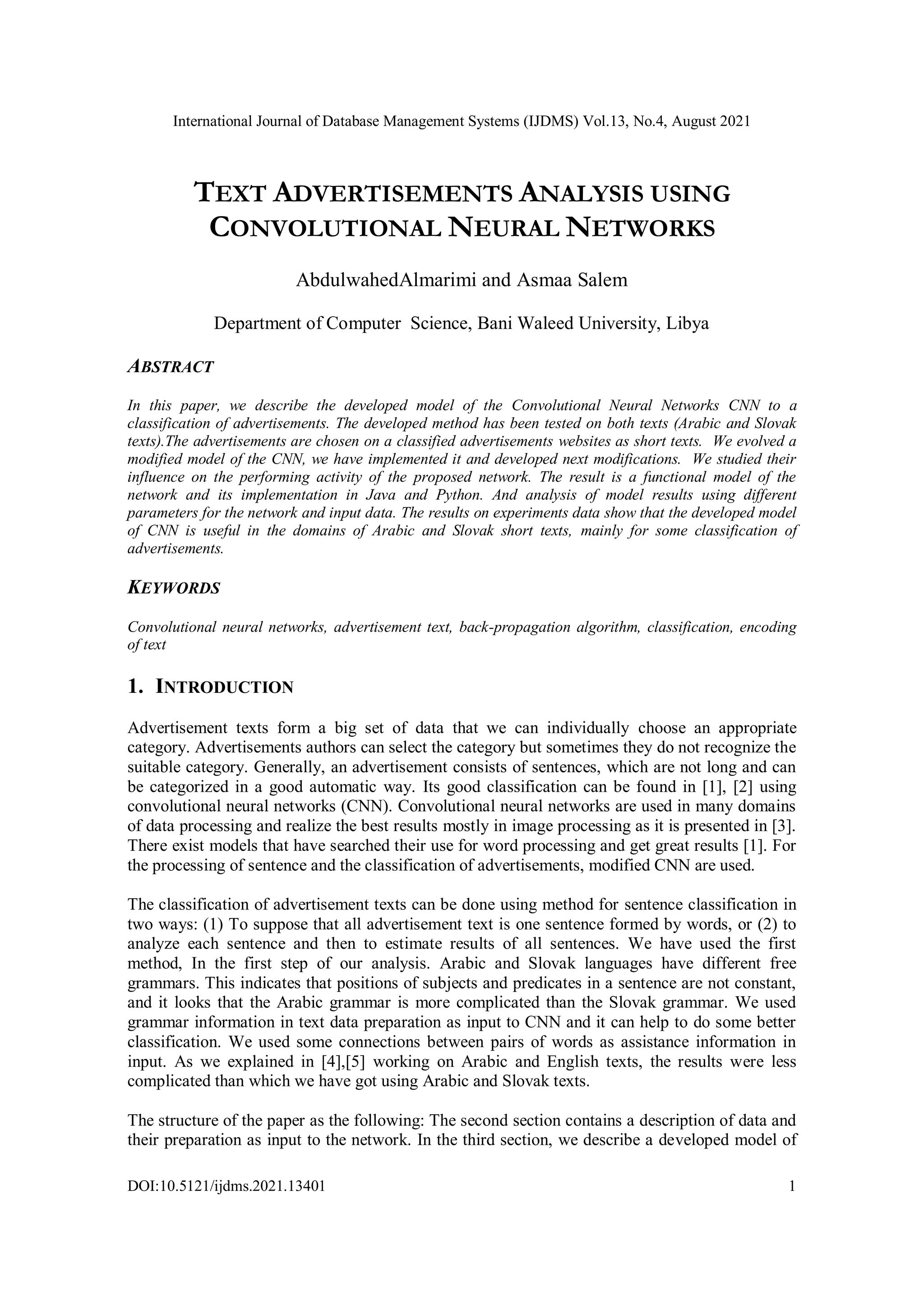 Text Advertisements Analysis using Convolutional Neural Networks | PDF