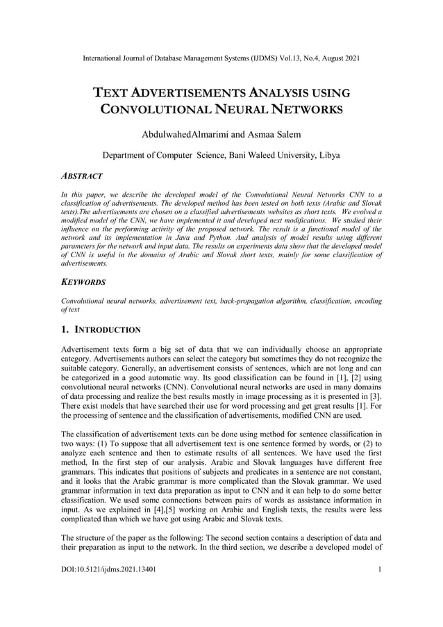 Text Advertisements Analysis using Convolutional Neural Networks | PDF