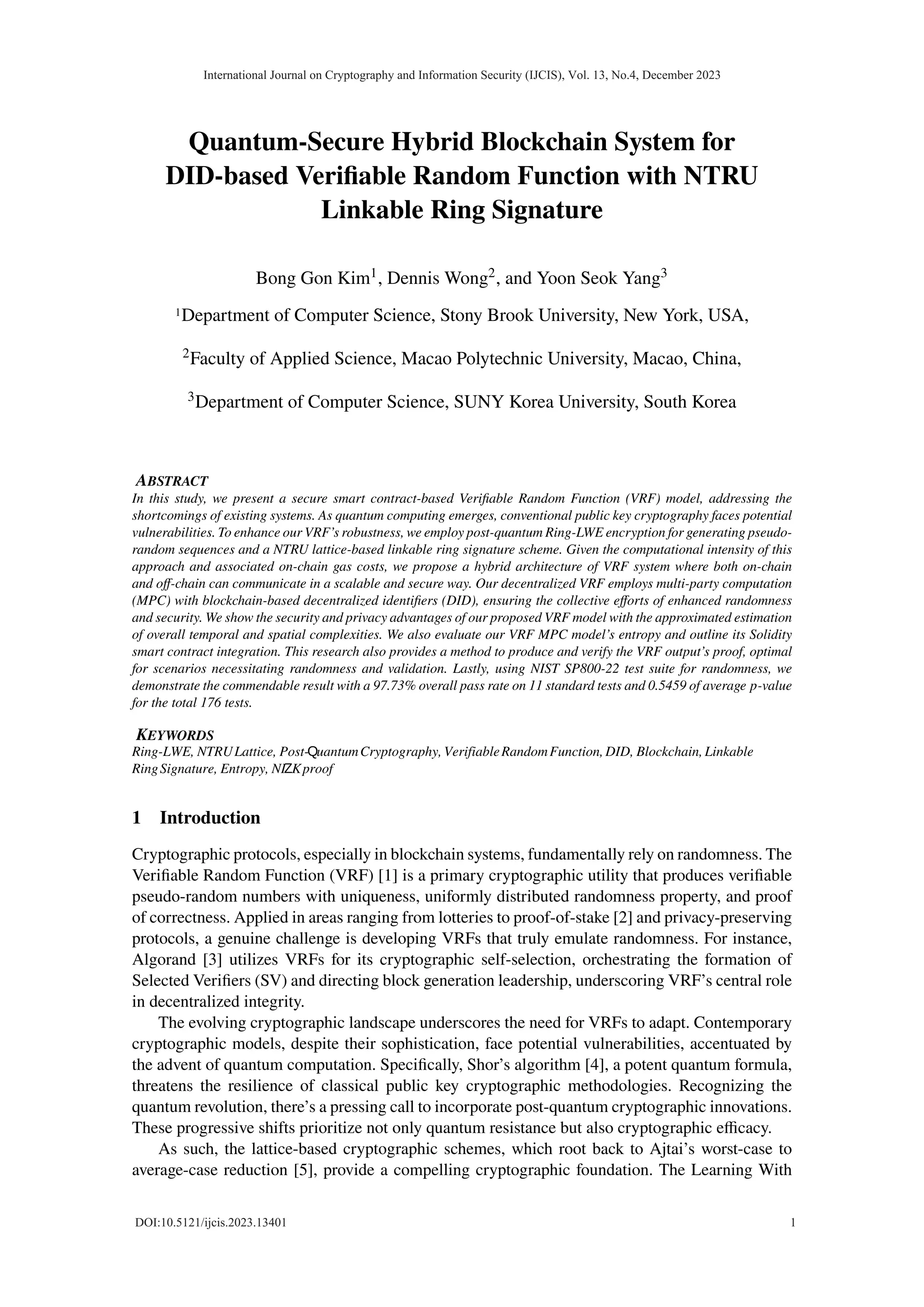 Quantum Secure Hybrid Blockchain System For Did Based Verifiable Random Function With Ntru