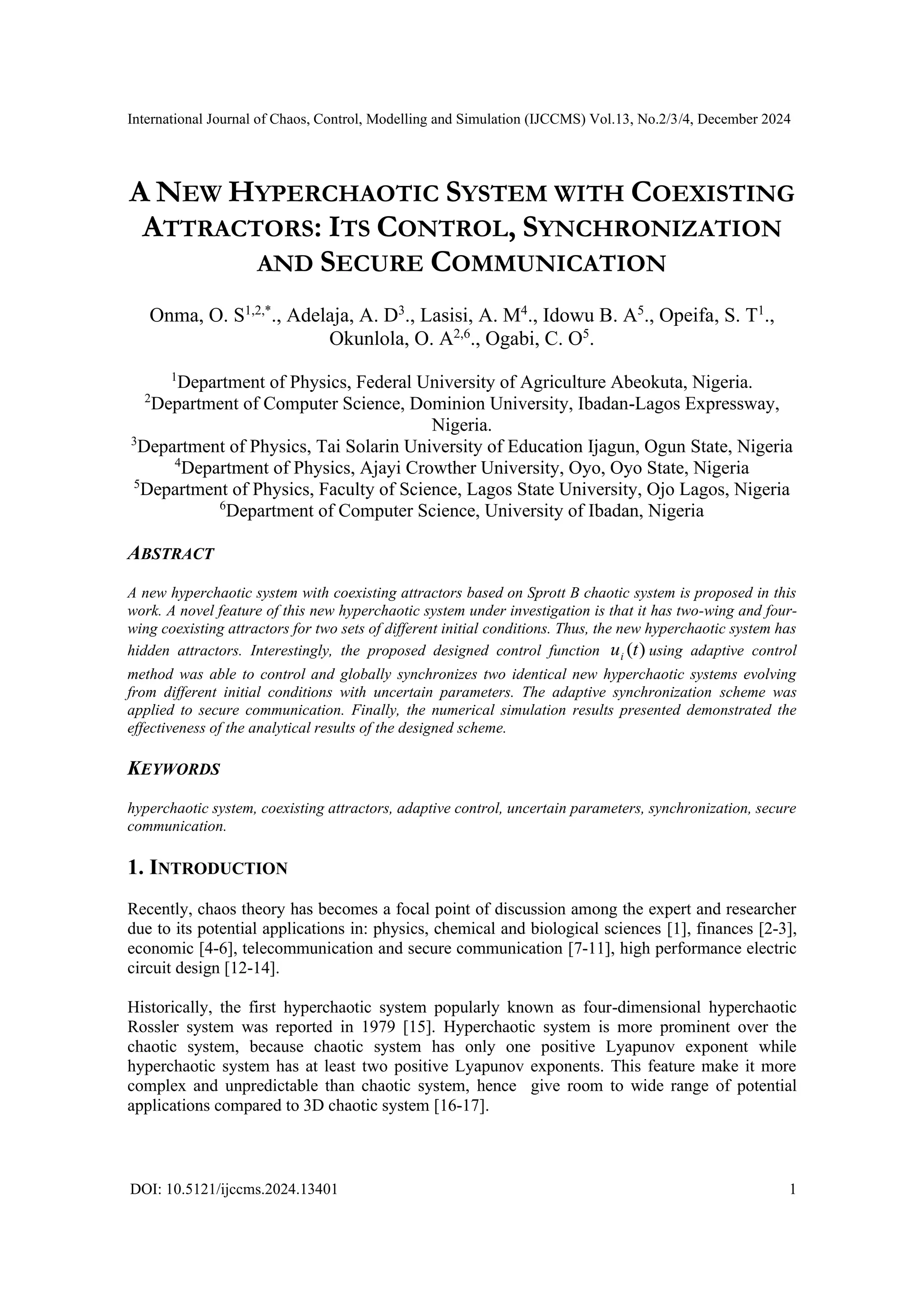 A New Hyperchaotic System with Coexisting Attractors: Its Control, Synchronization and Secure ...