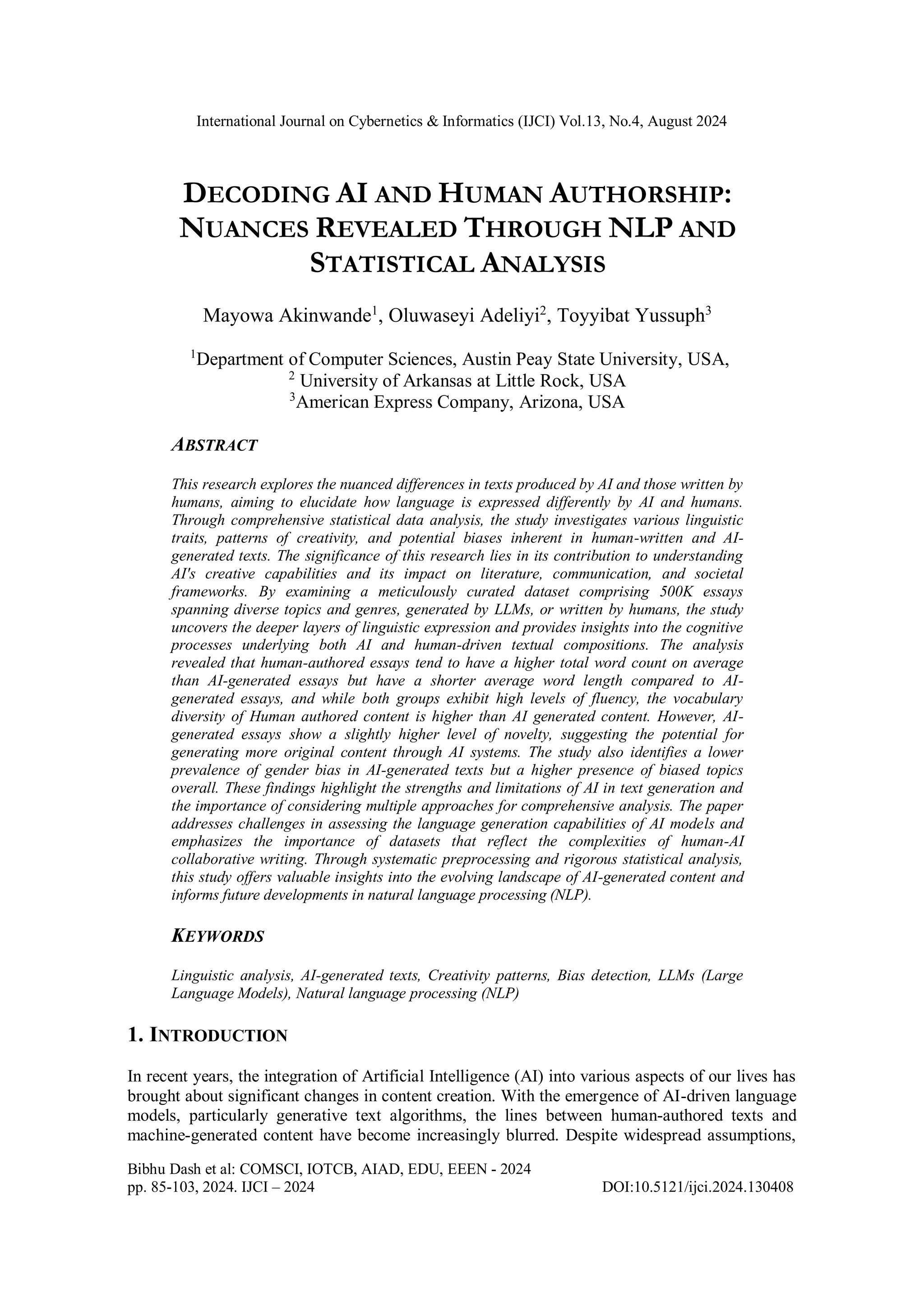 Decoding AI and Human Authorship: Nuances Revealed through NLP and Statistical Analysis | PDF