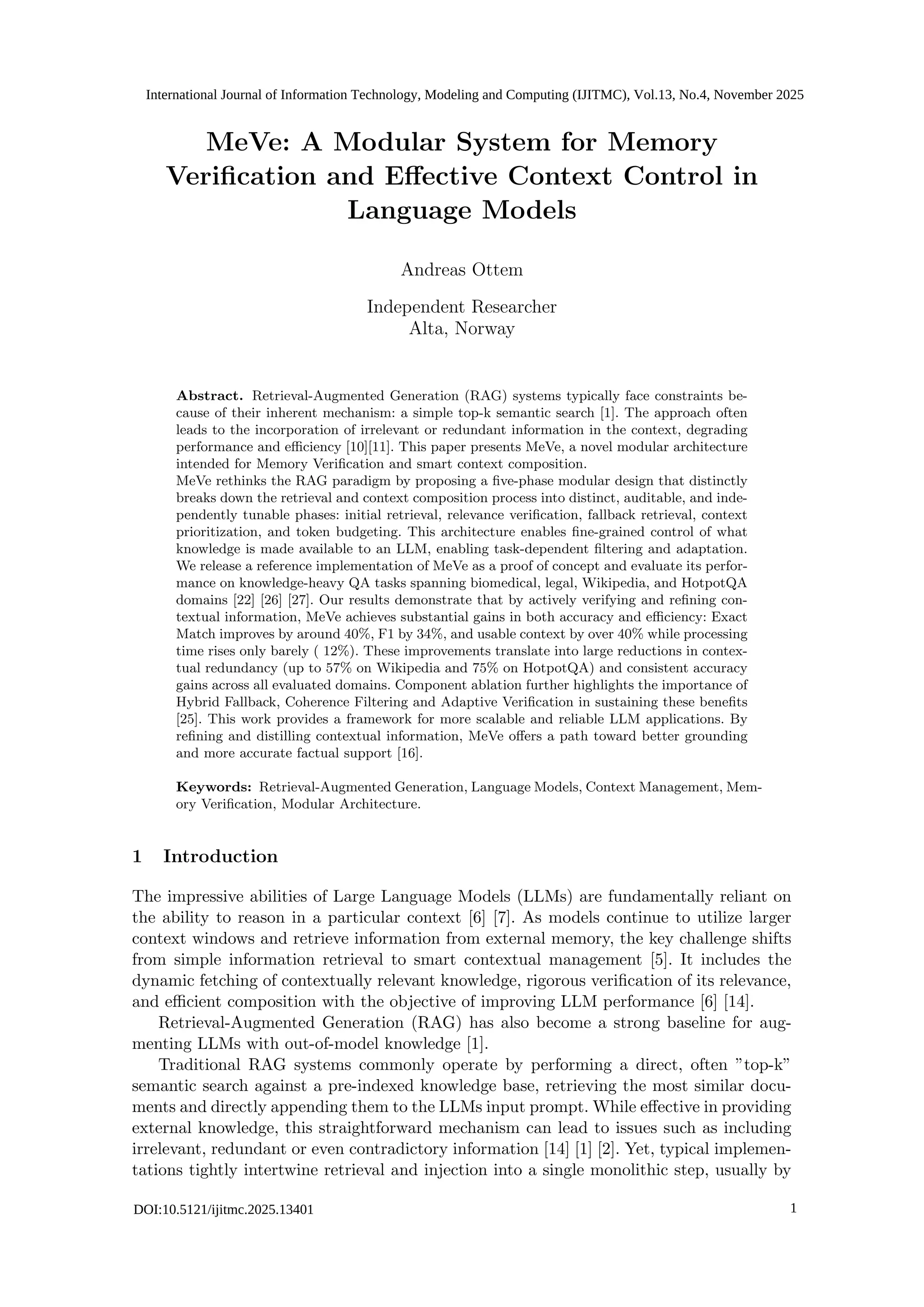 MeVe: A Modular System for Memory Verification and Effective Context Control in Language Models ...