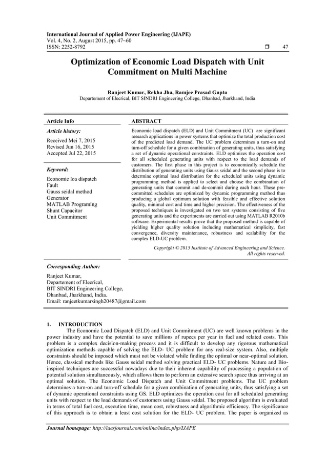 Optimization Of Economic Load Dispatch With Unit Commitment On Multi Machine Pdf
