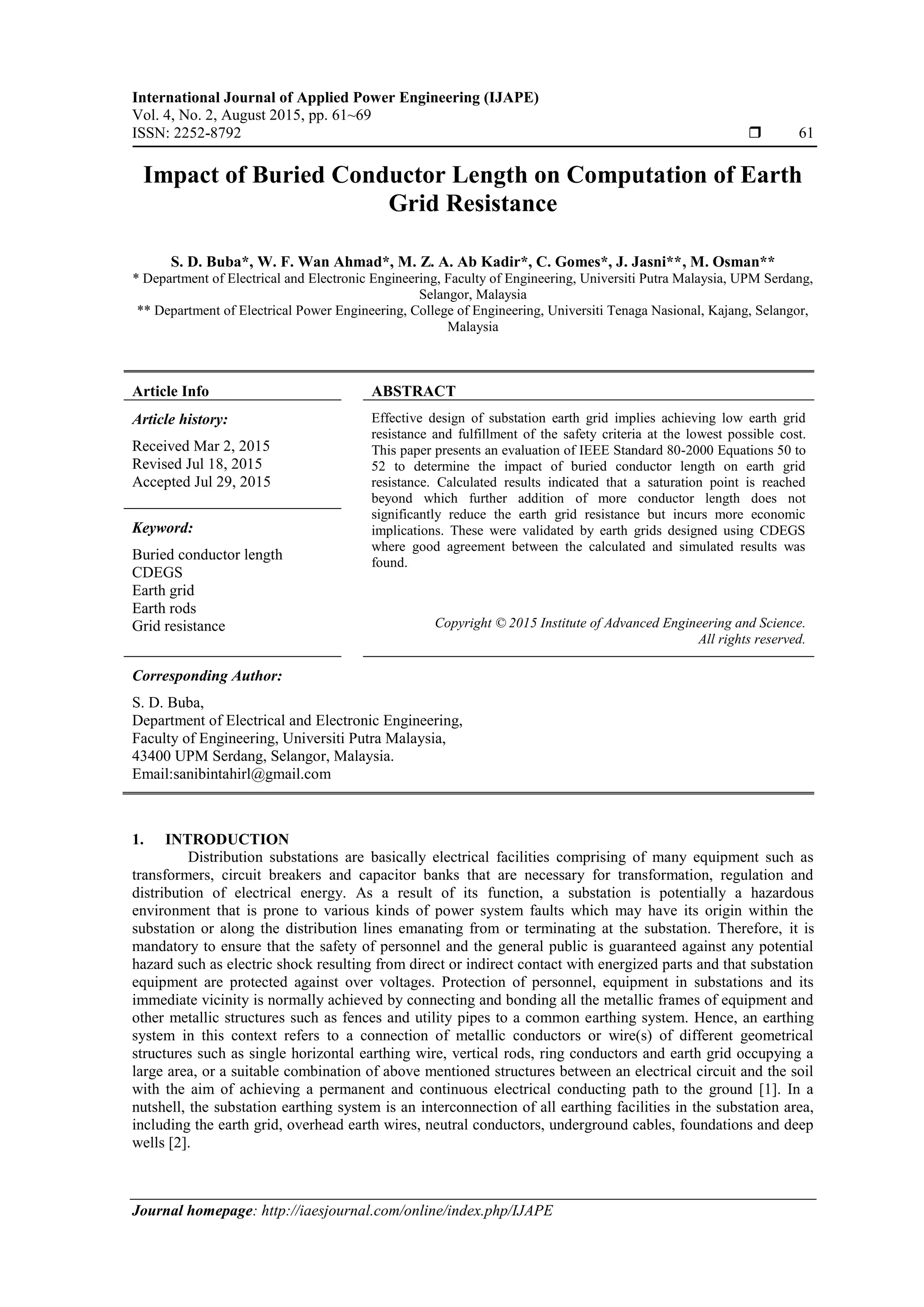 Impact of Buried Conductor Length on Computation of Earth Grid ...