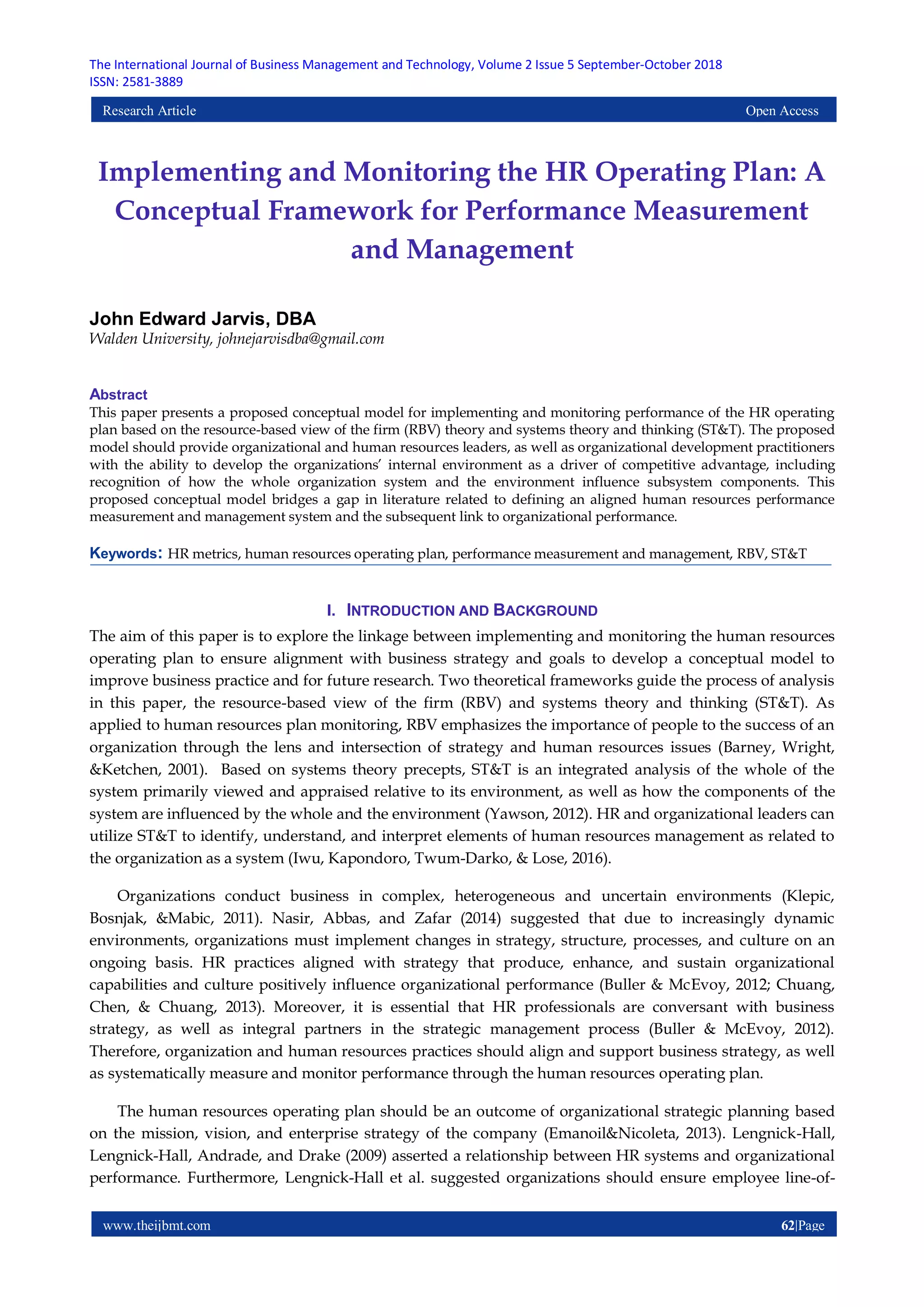 Implementing and Monitoring the HR Operating Plan: A Conceptual Framework for Performance ...