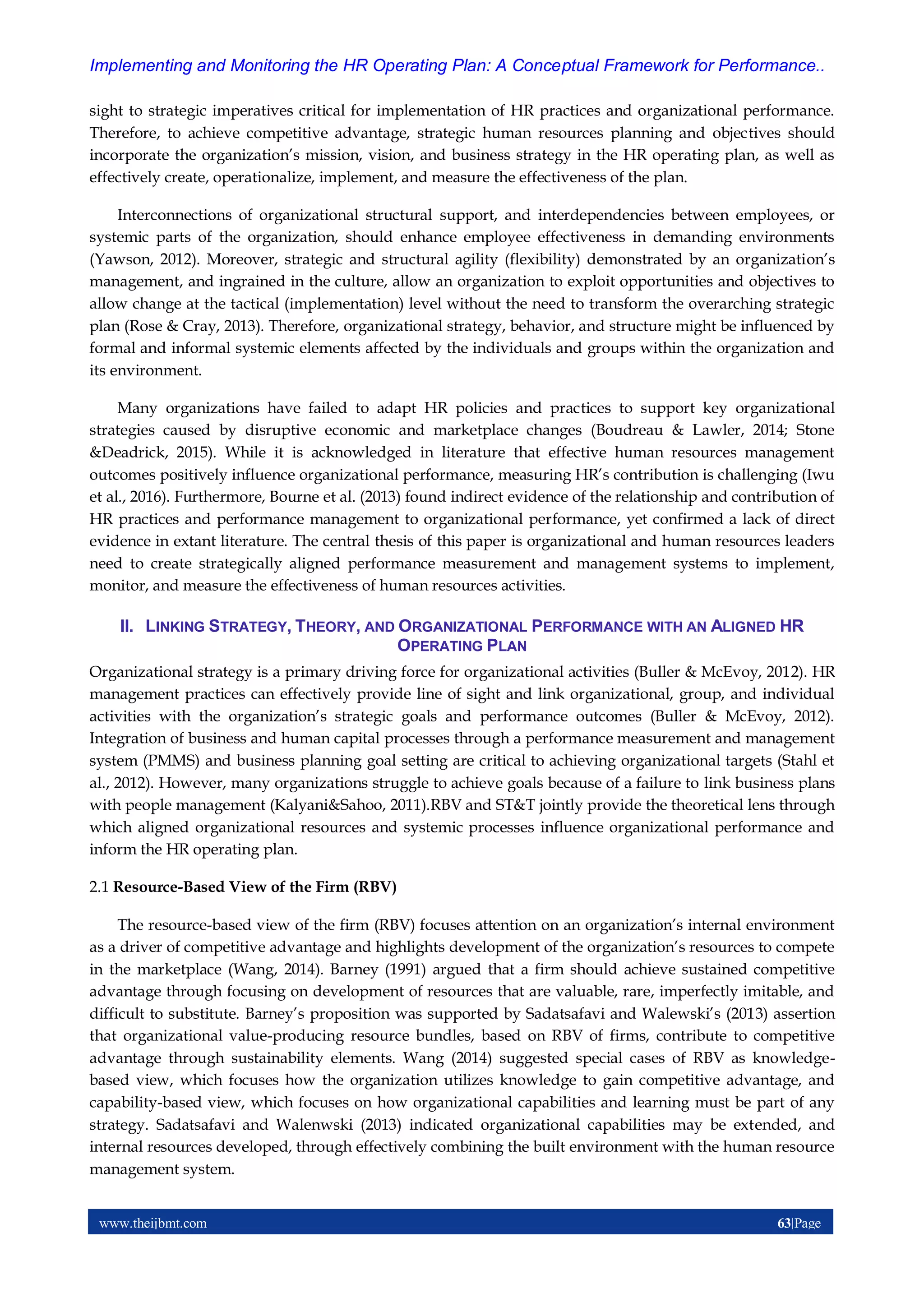 Implementing and Monitoring the HR Operating Plan: A Conceptual Framework for Performance ...
