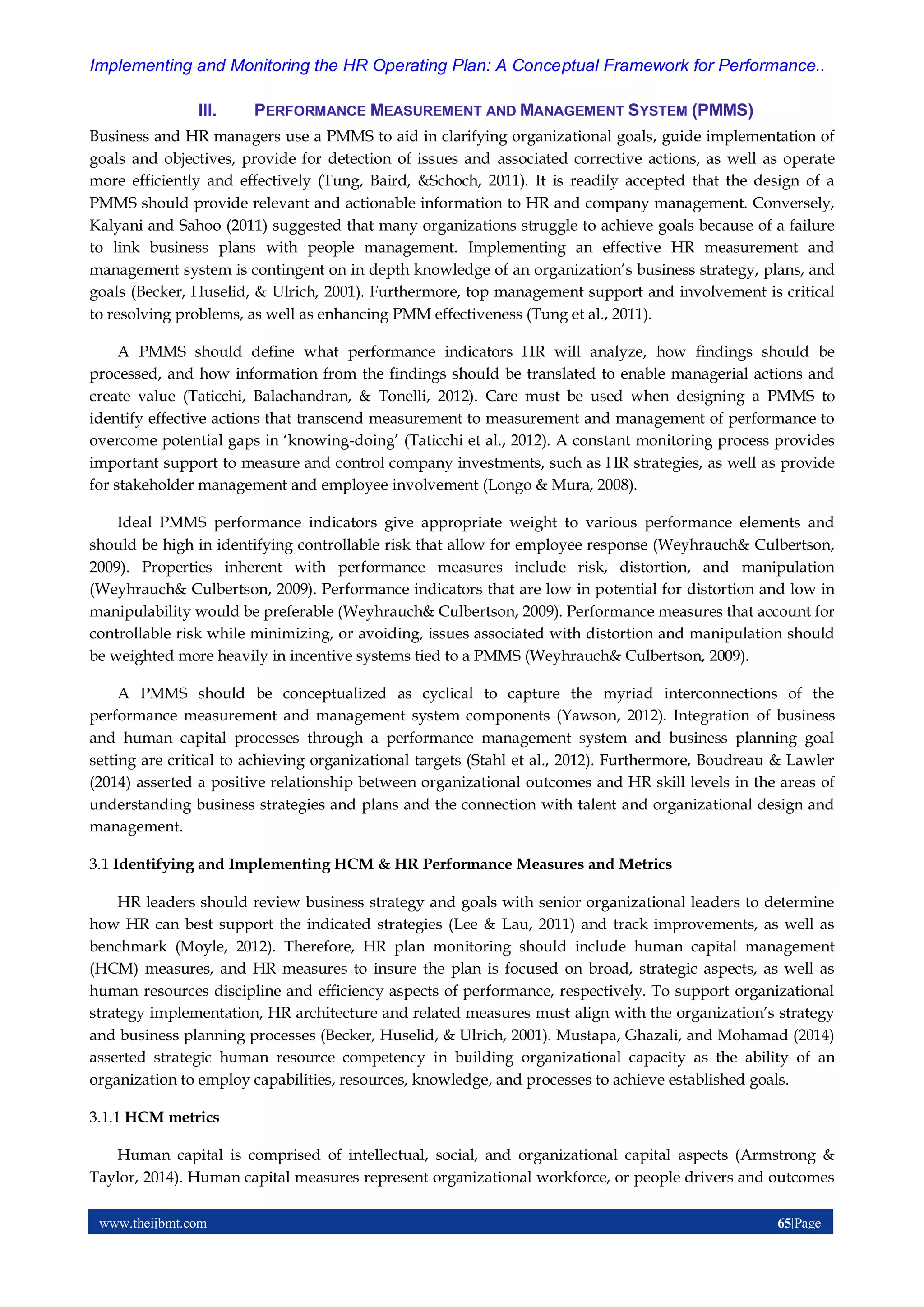 Implementing and Monitoring the HR Operating Plan: A Conceptual Framework for Performance ...