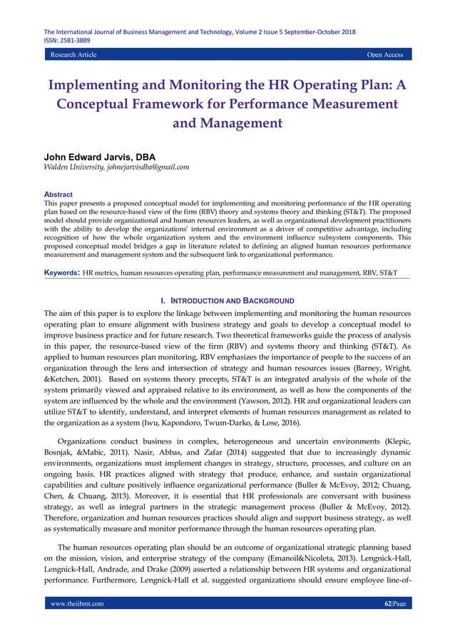 Implementing and Monitoring the HR Operating Plan: A Conceptual Framework for Performance ...