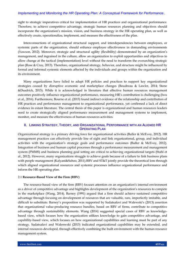 Implementing and Monitoring the HR Operating Plan: A Conceptual Framework for Performance ...