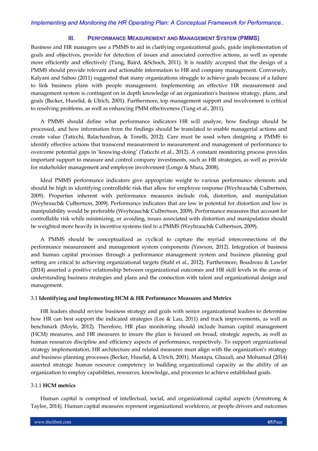 Implementing and Monitoring the HR Operating Plan: A Conceptual Framework for Performance ...