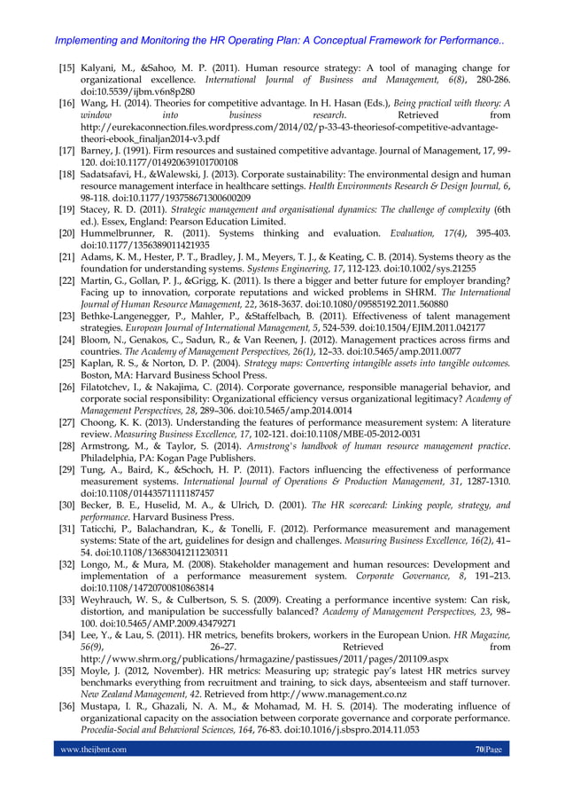 Implementing and Monitoring the HR Operating Plan: A Conceptual Framework for Performance ...