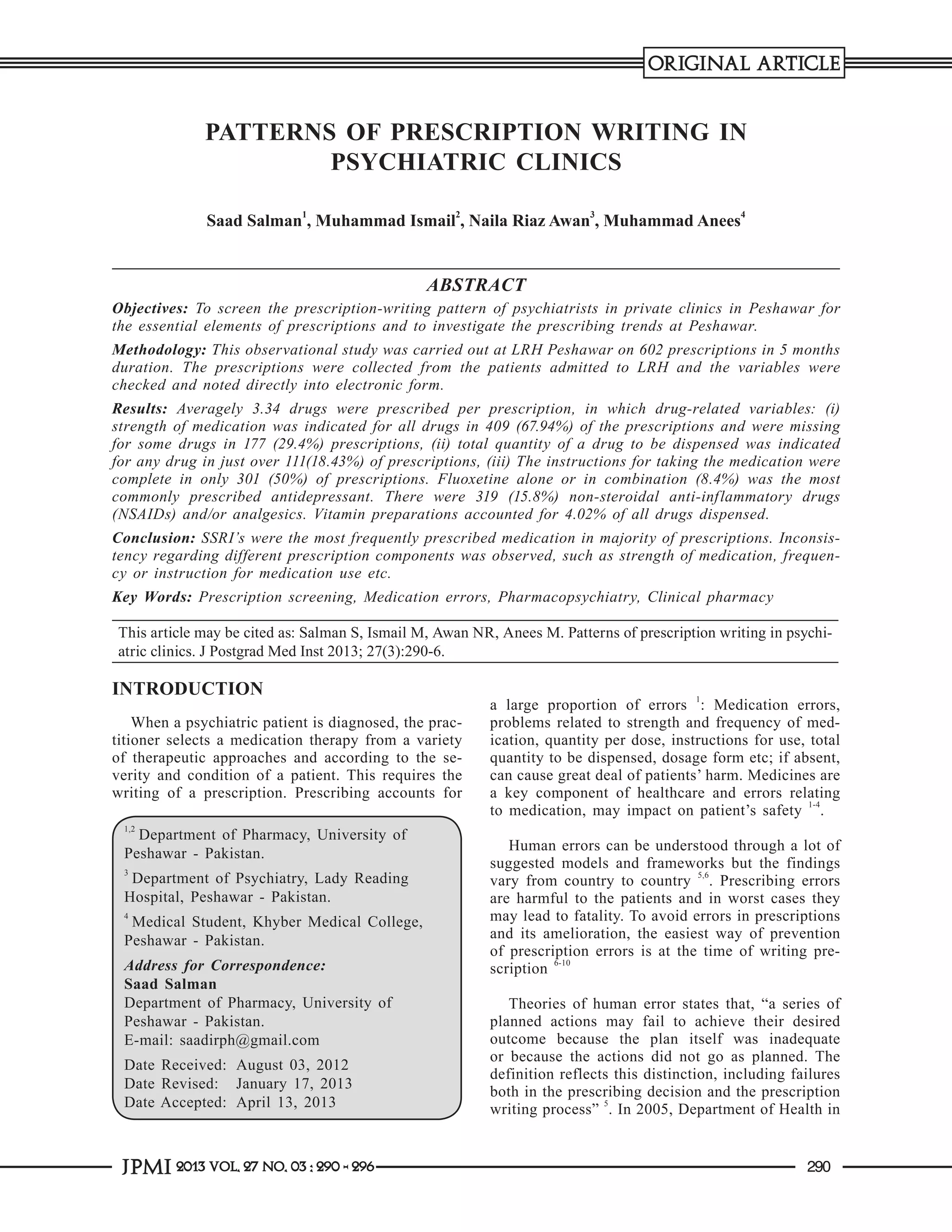 Patterns of Prescription Writing in Psychiatric Clinics | PDF