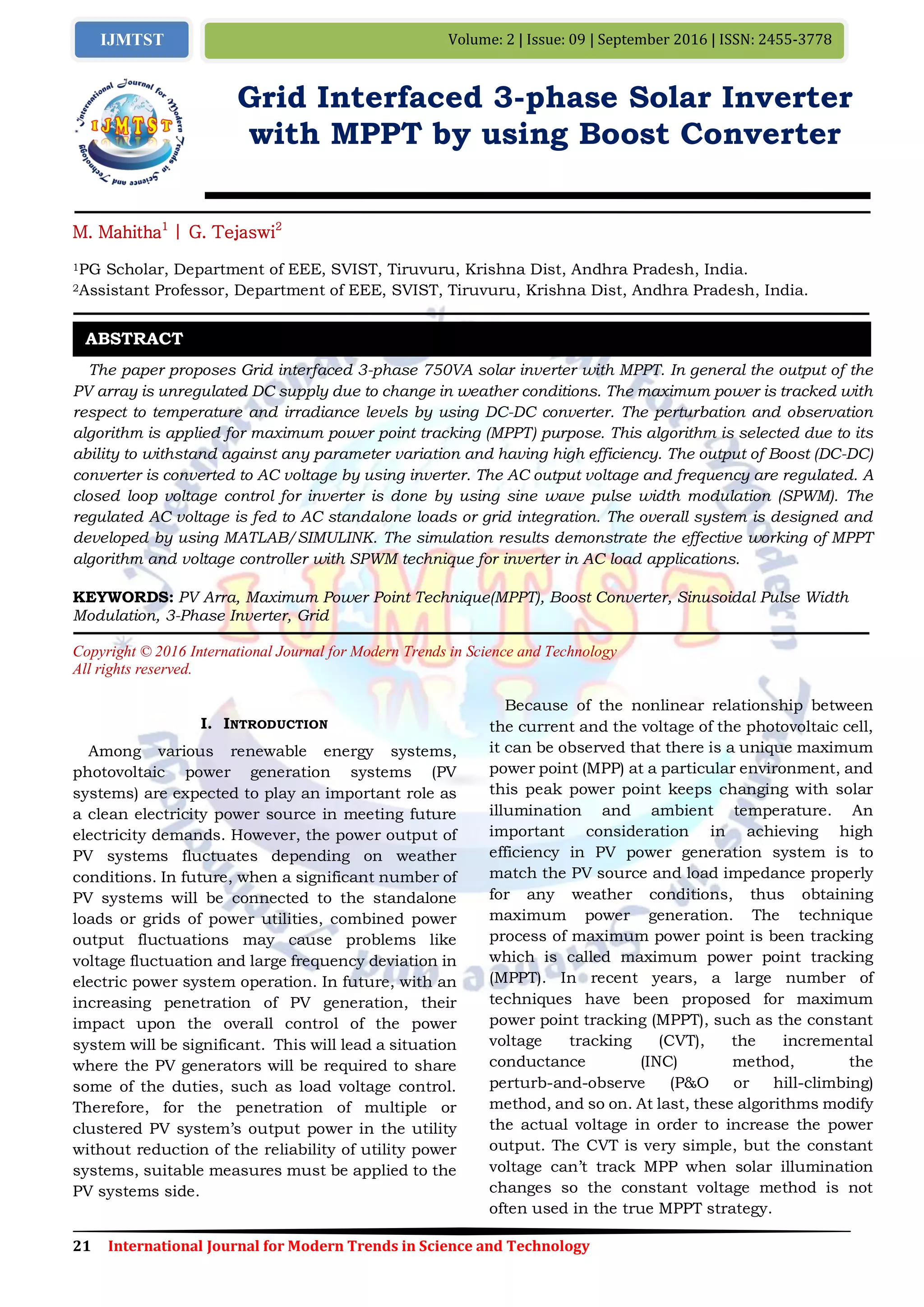 Grid Interfaced 3-phase Solar Inverter with MPPT by using Boost Converter | PDF