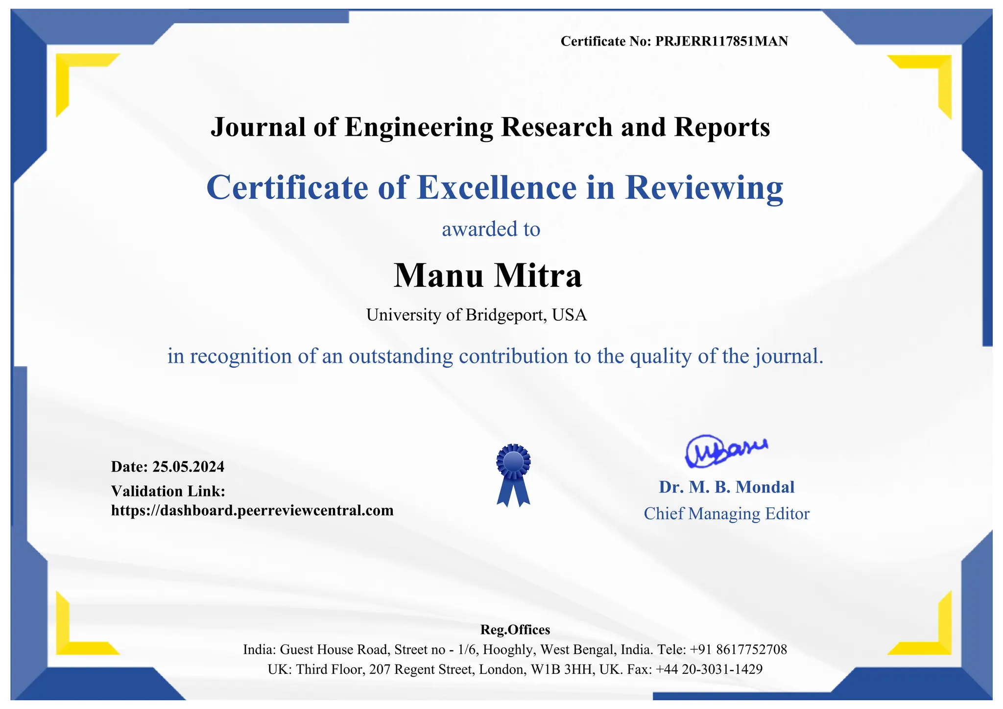 135. Reviewer Certificate in Journal of Engineering | PDF