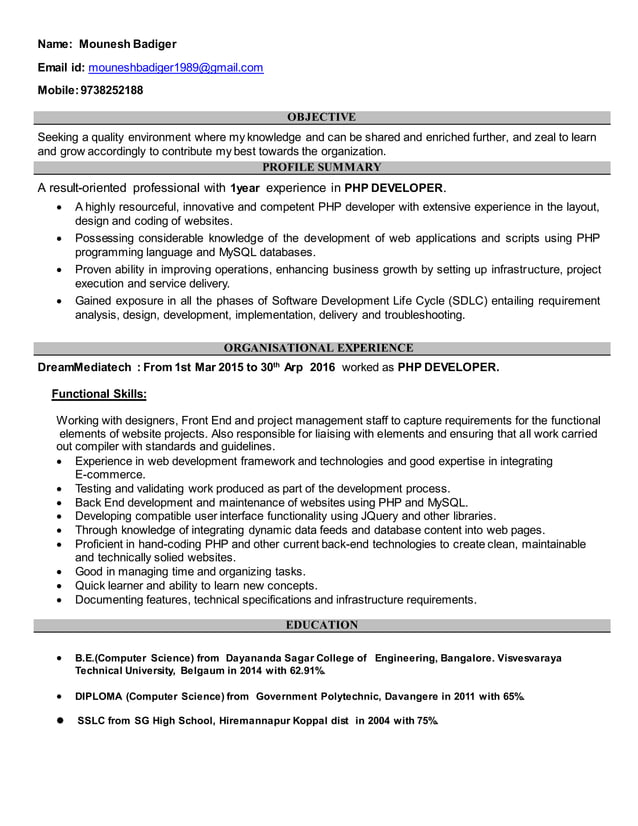 mounesh resume Php | PDF