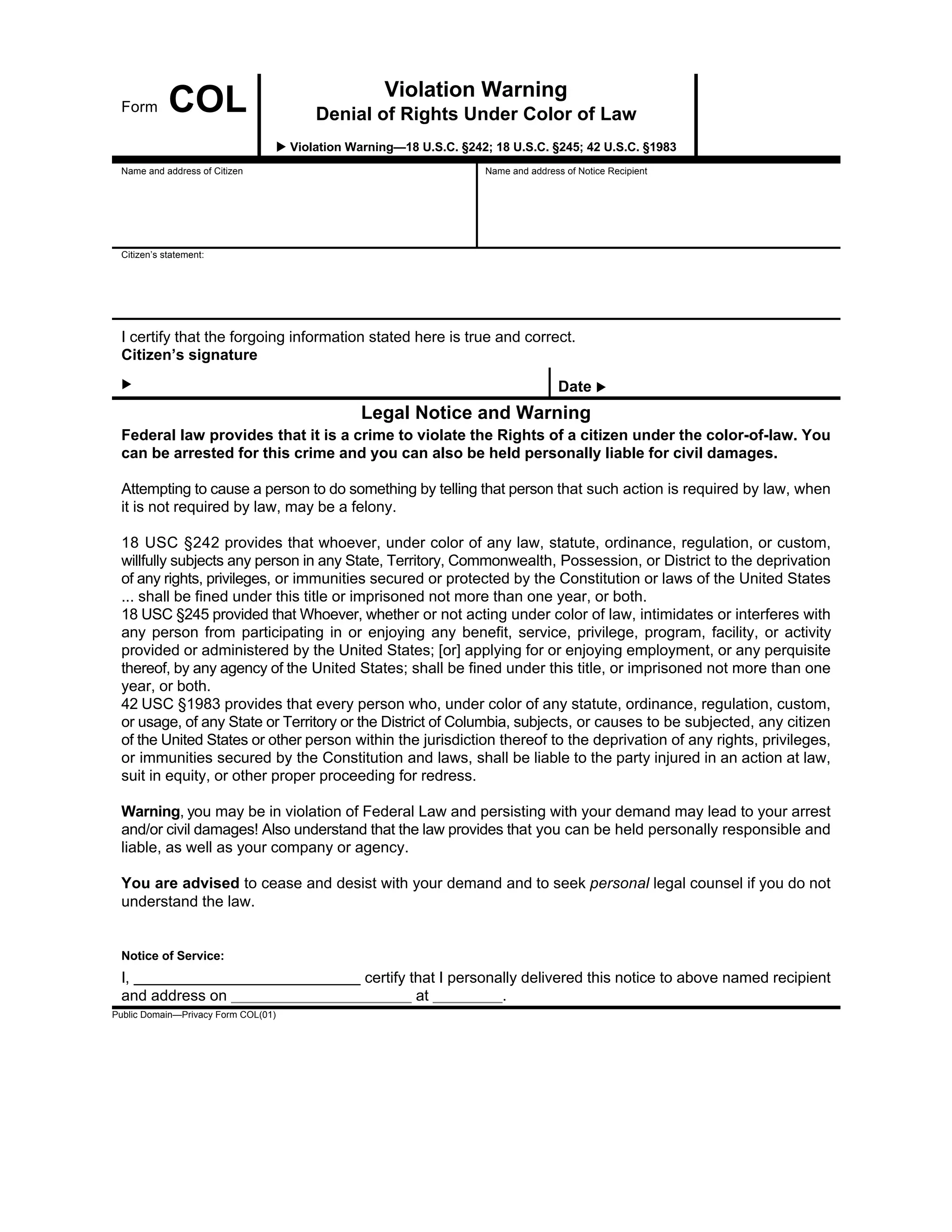 Form COL. Violation Warning. Denial of Rights Under Color of Law ...