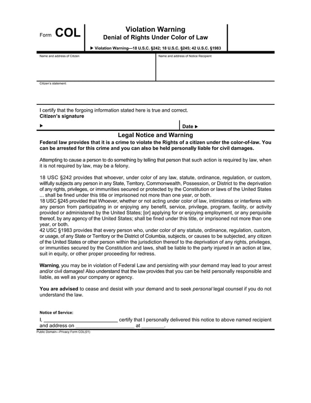 Form COL. Violation Warning. Denial of Rights Under Color of Law ...