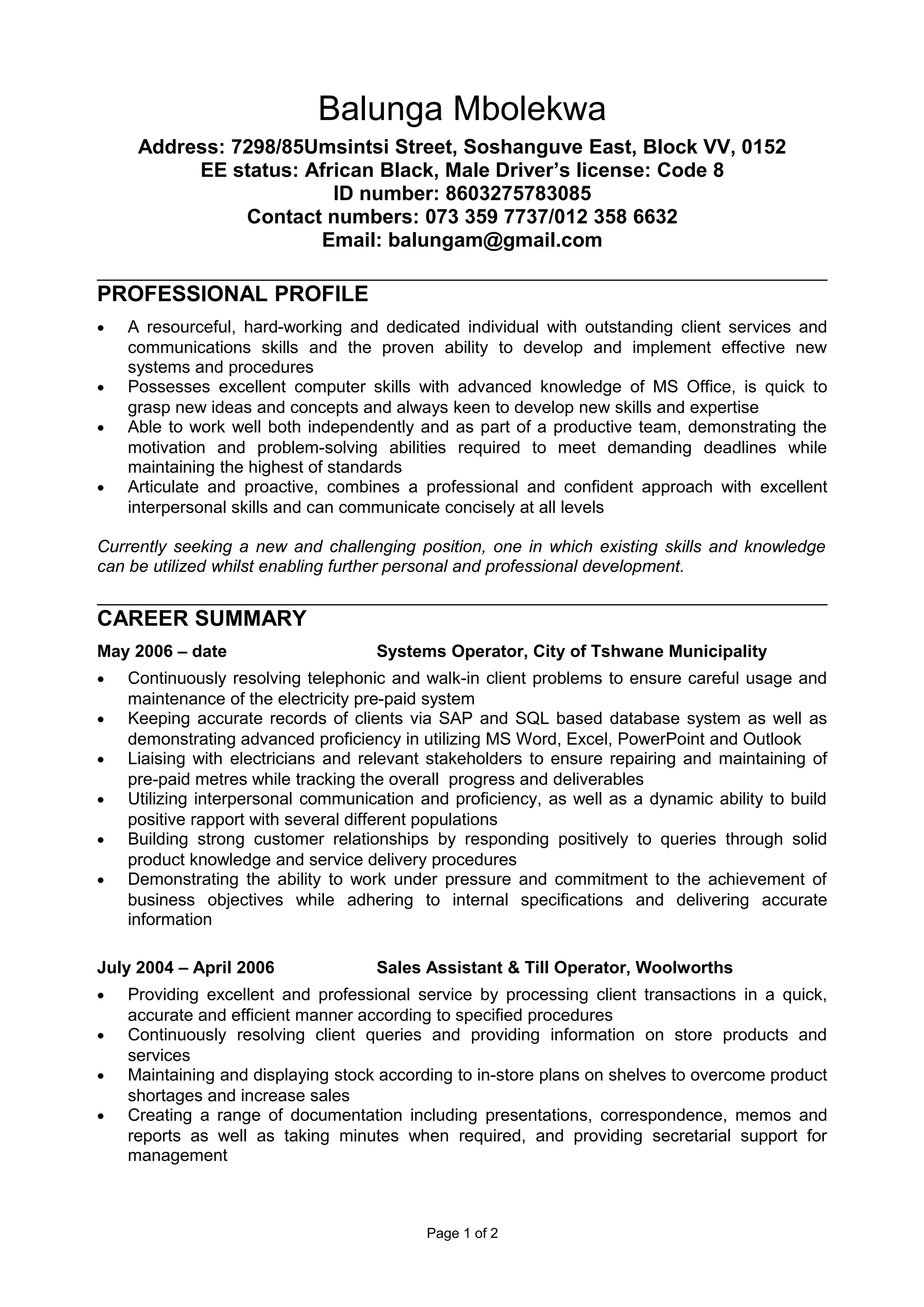 CV- Balunga Mbolekwa 2016 | PDF