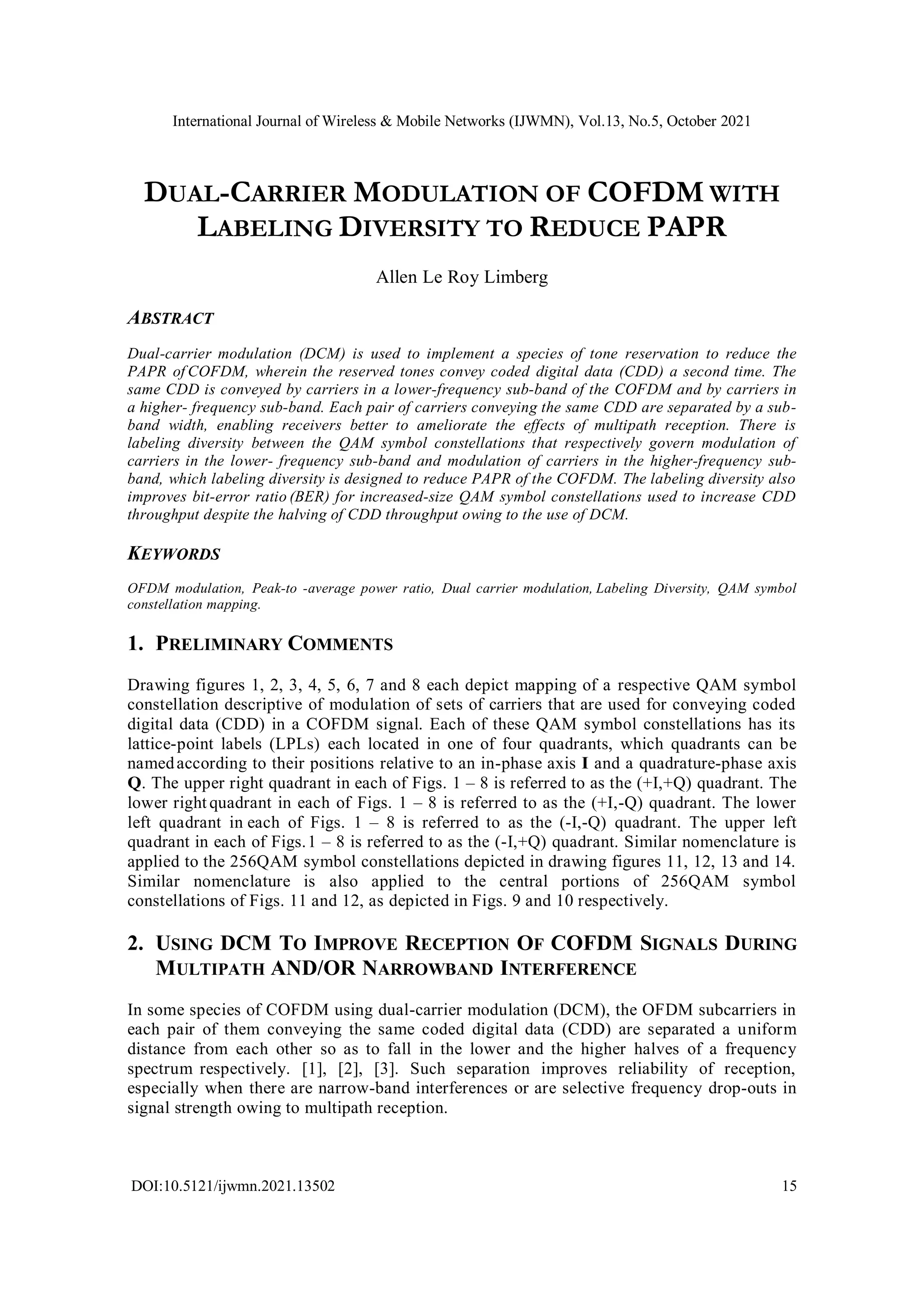 DUAL-CARRIER MODULATION OF COFDM WITH LABELING DIVERSITY TO REDUCE PAPR ...