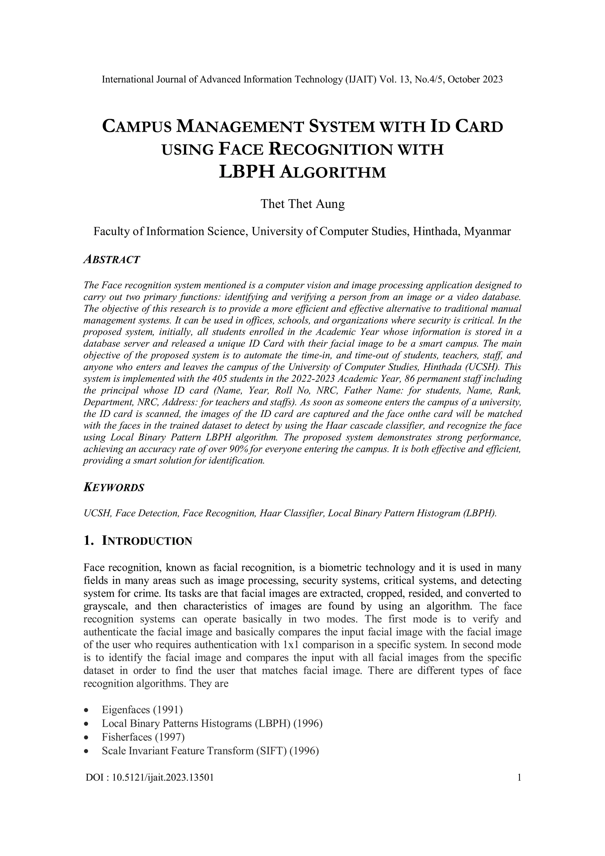 Campus Management System with ID Card using Face Recognition with LBPH Algorithm | PDF