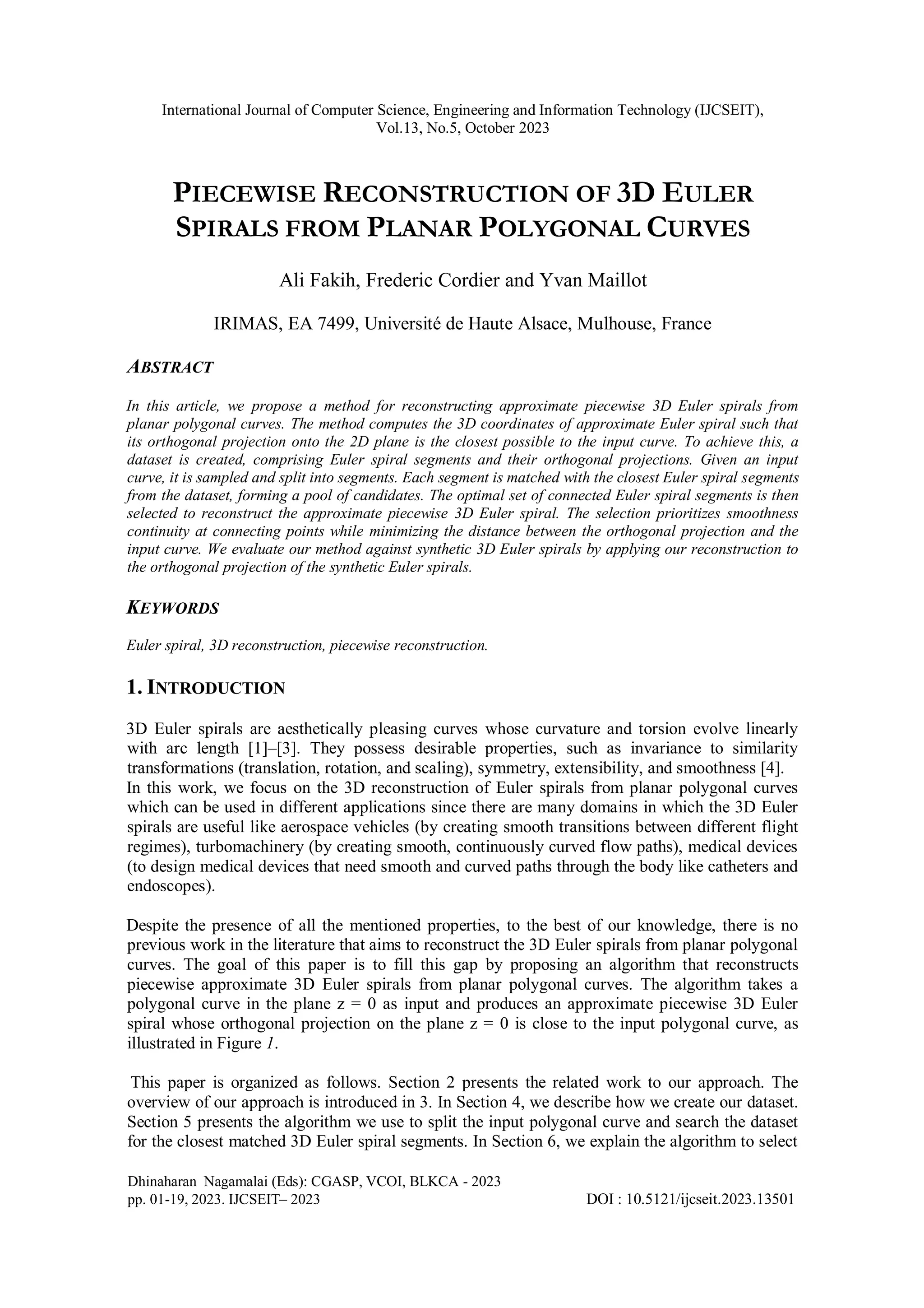 Piecewise Reconstruction Of 3d Euler Spirals From Planar Polygonal