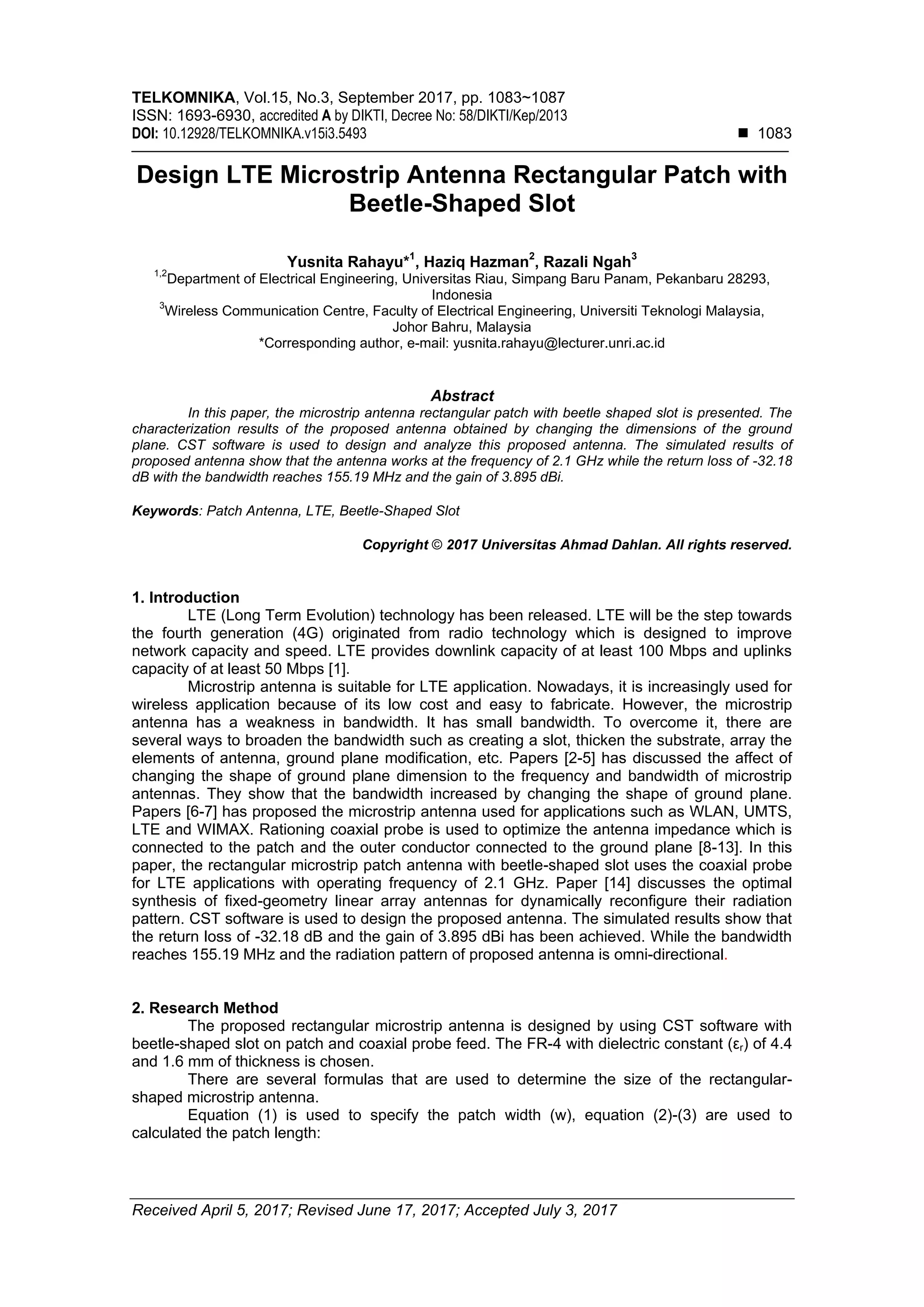 Design LTE Microstrip Antenna Rectangular Patch with Beetle-Shaped Slot ...