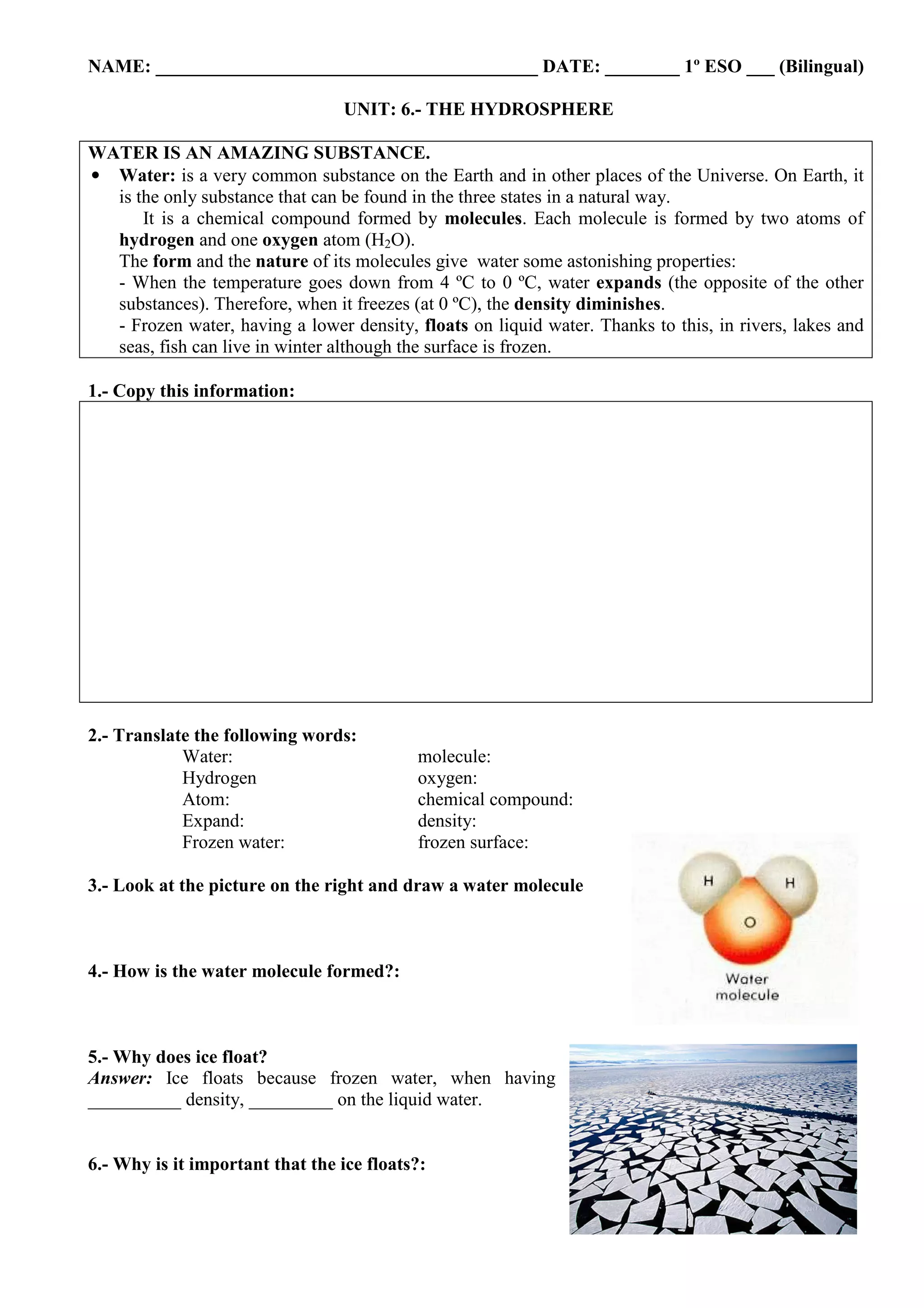 UNIT 06.- LA HIDROSFERA _Worksheet_ | PDF