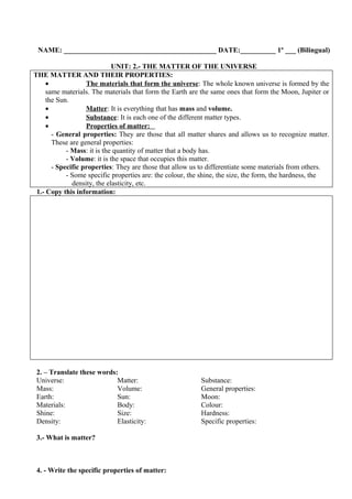 UNIT 03.- THE MATTER OF THE UNIVERSE (Worksheet) | PDF