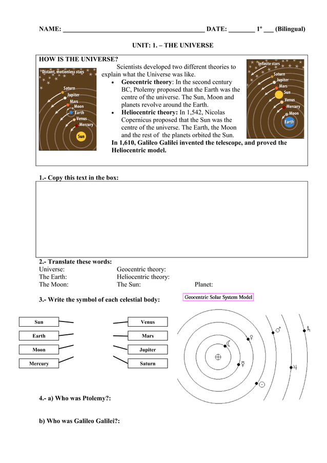 UNIT 01.- The universe (worksheet) | PDF