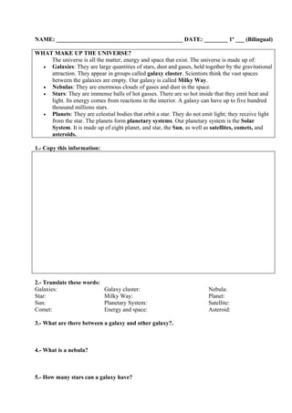 UNIT 01.- The universe (worksheet) | PDF