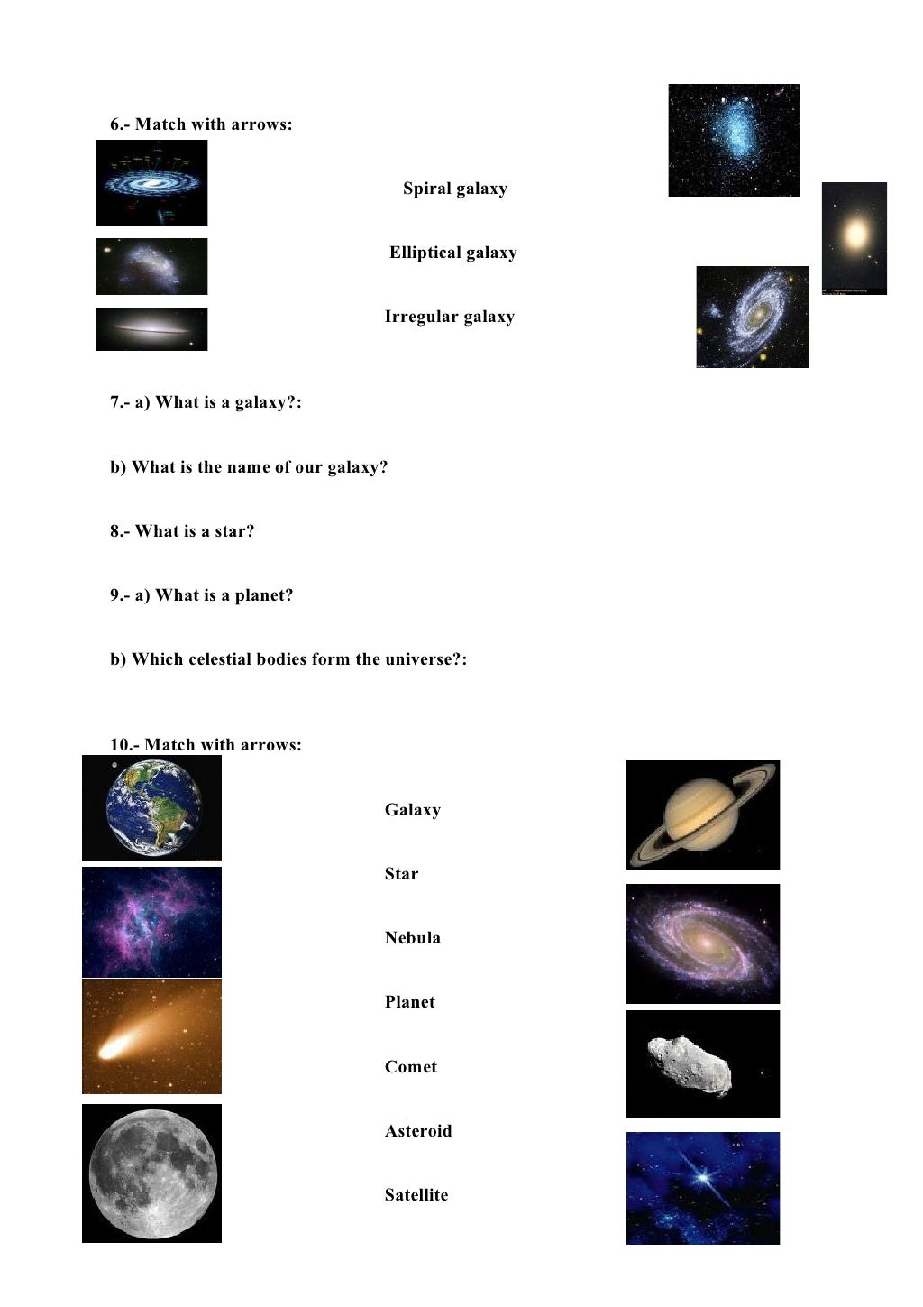 Components Of The Universe Worksheet
