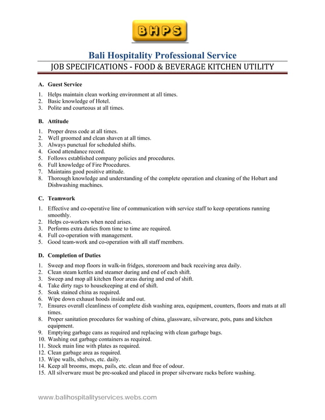 13573194 Fb Kitchen Utilities Job Specification Template | PDF