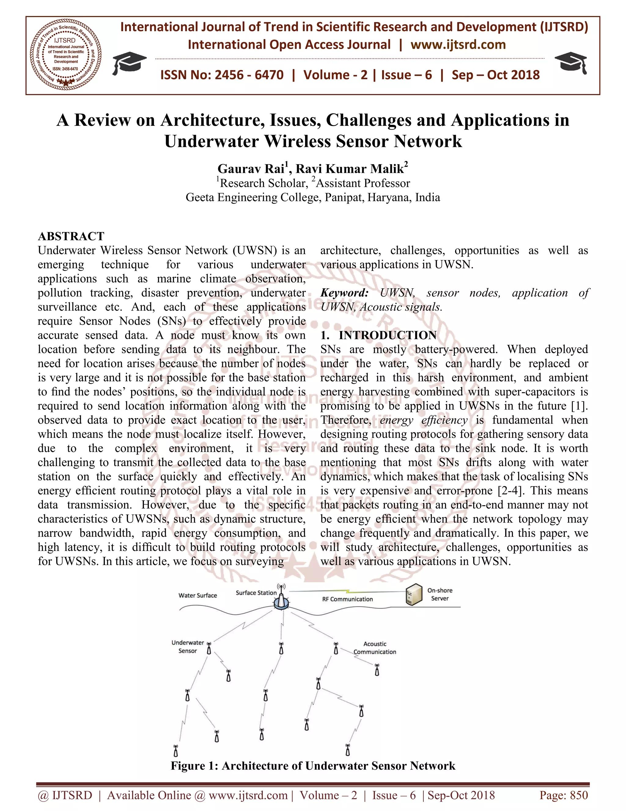 A Review On Architecture Issues Challenges And Applications In Underwater Wireless Sensor