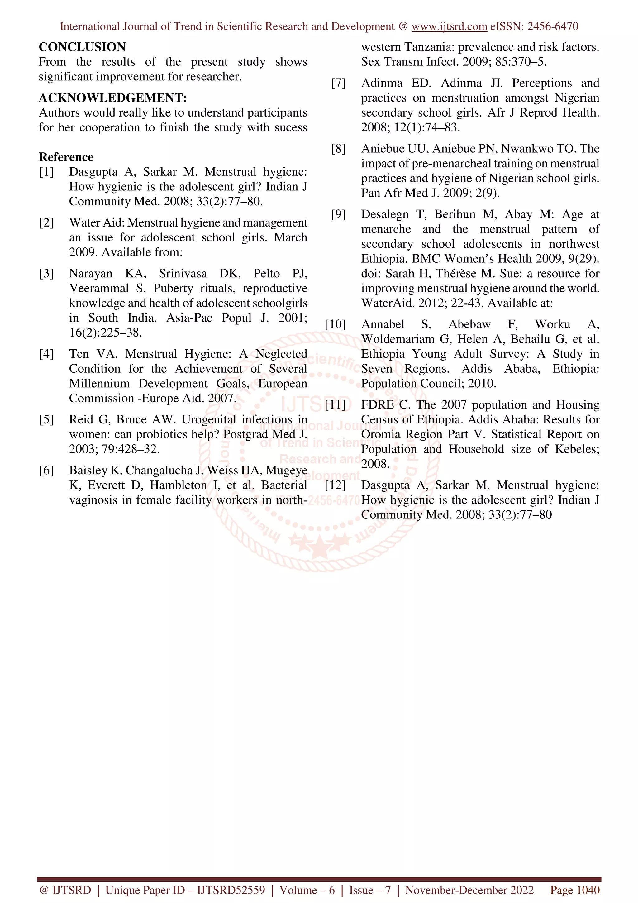 A Study to Assess the Knowledge and Practice of Mensural Hygiene among ...