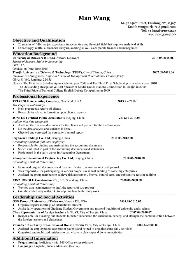 Resume-Wang Man | DOC | Business Accounting & Finance | Business