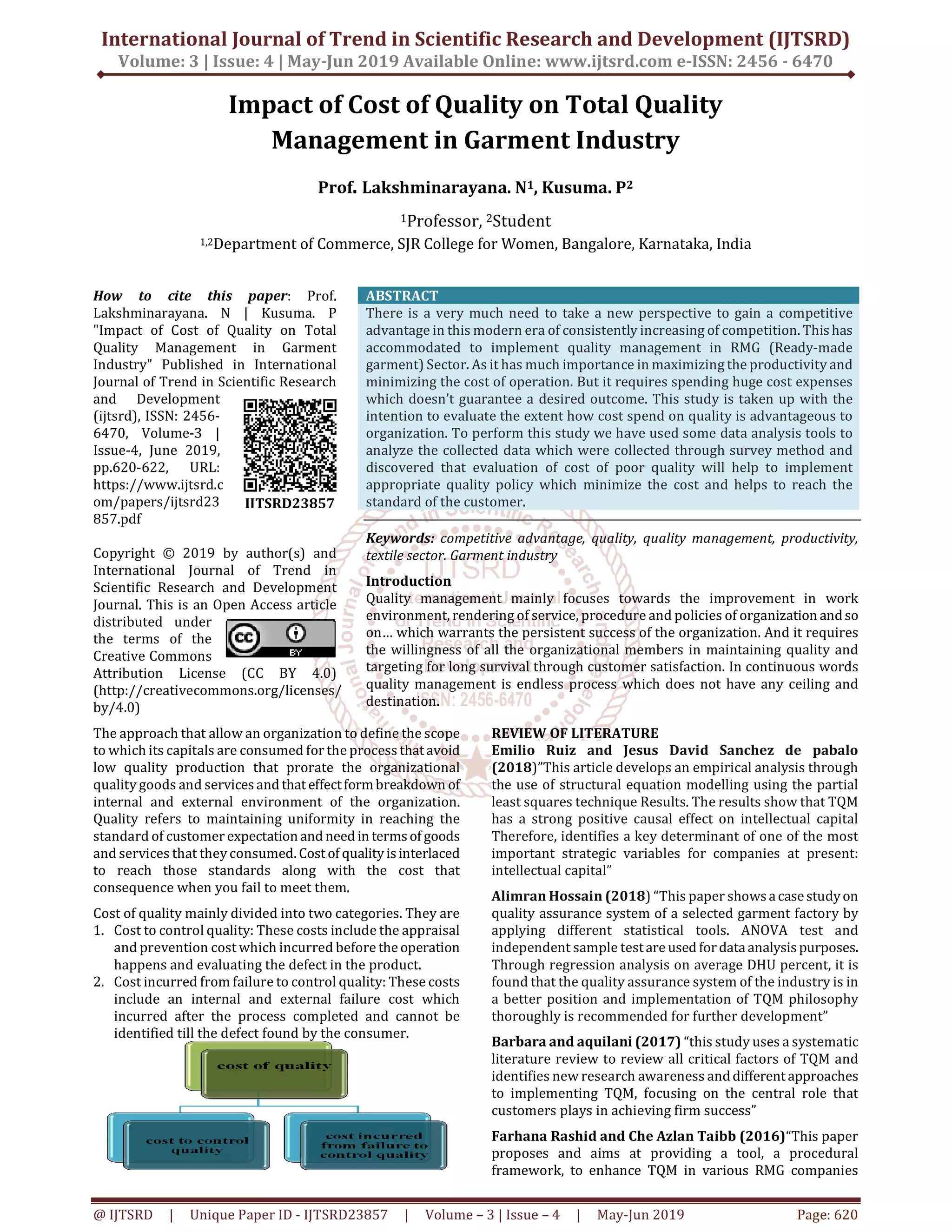 Impact of Cost of Quality on Total Quality Management in Garment ...