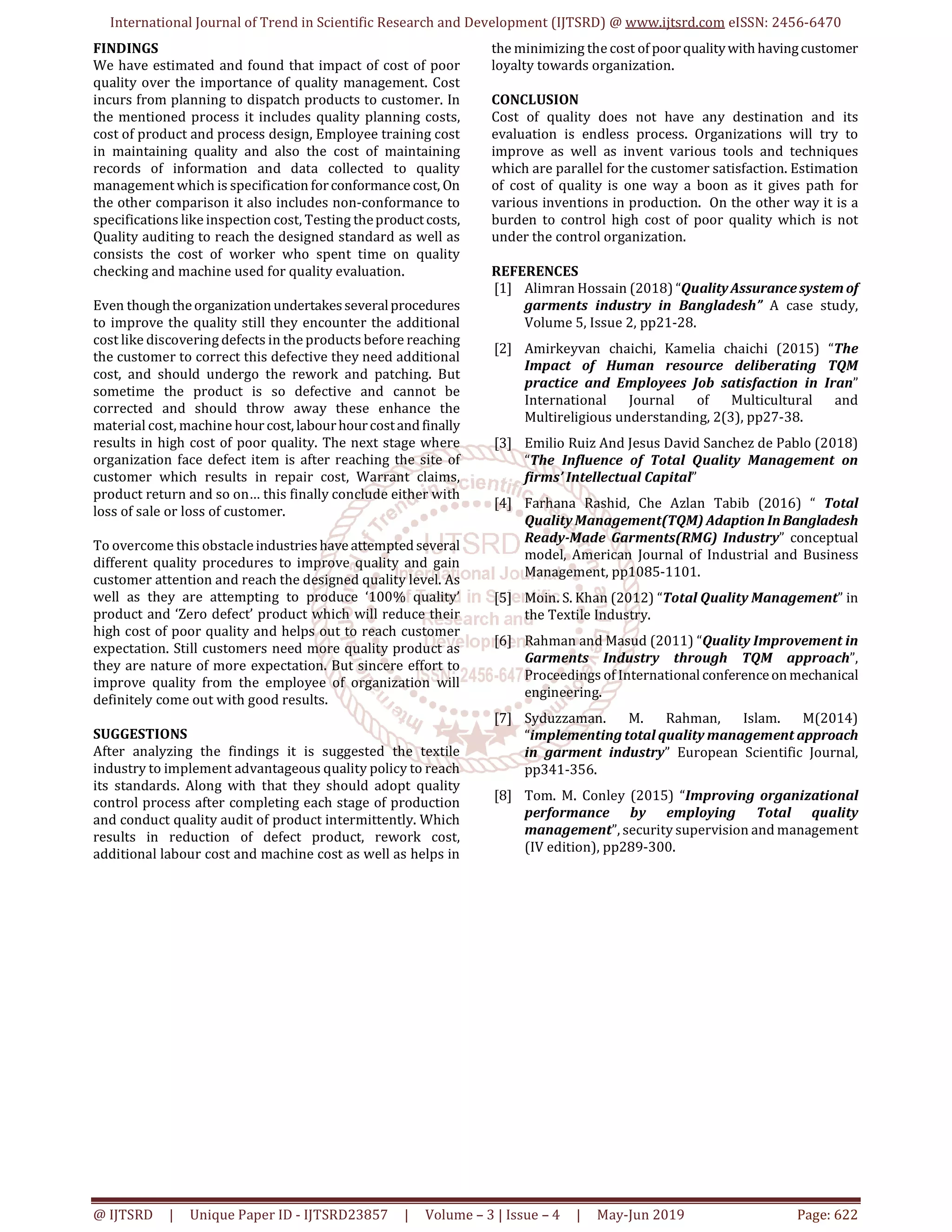 Impact of Cost of Quality on Total Quality Management in Garment ...