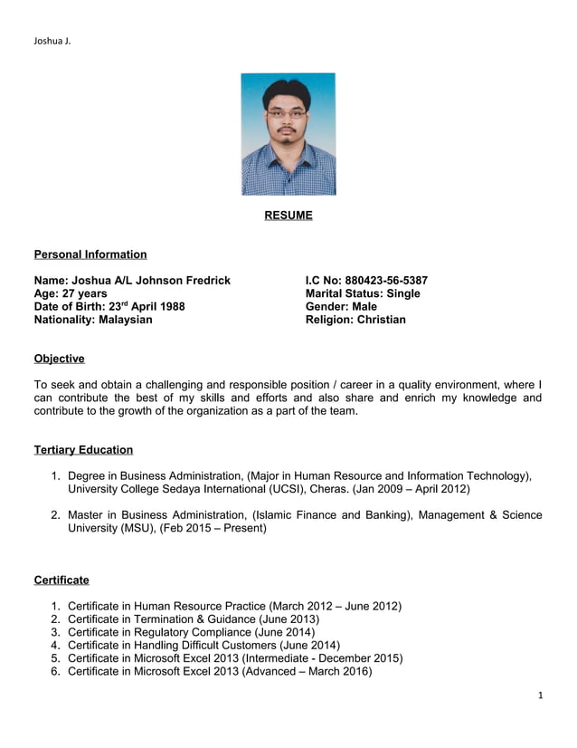 Resume Of Joshua - 29102015 | PDF