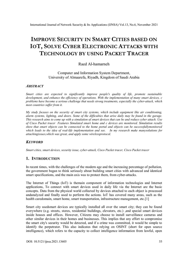 IMPROVE SECURITY IN SMART CITIES BASED ON IOT, SOLVE CYBER ELECTRONIC ATTACKS WITH TECHNOLOGY BY ...