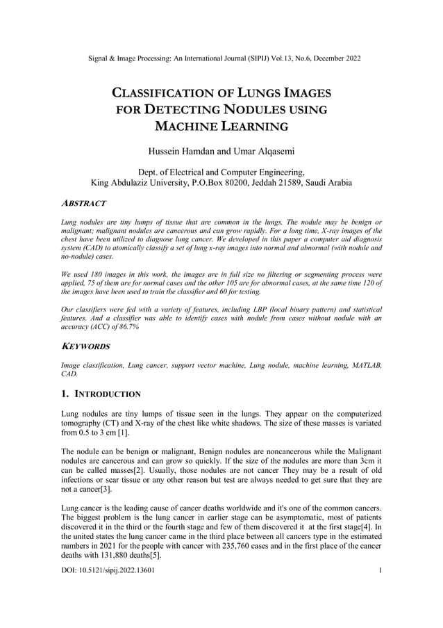 CLASSIFICATION OF LUNGS IMAGES FOR DETECTING NODULES USING MACHINE ...