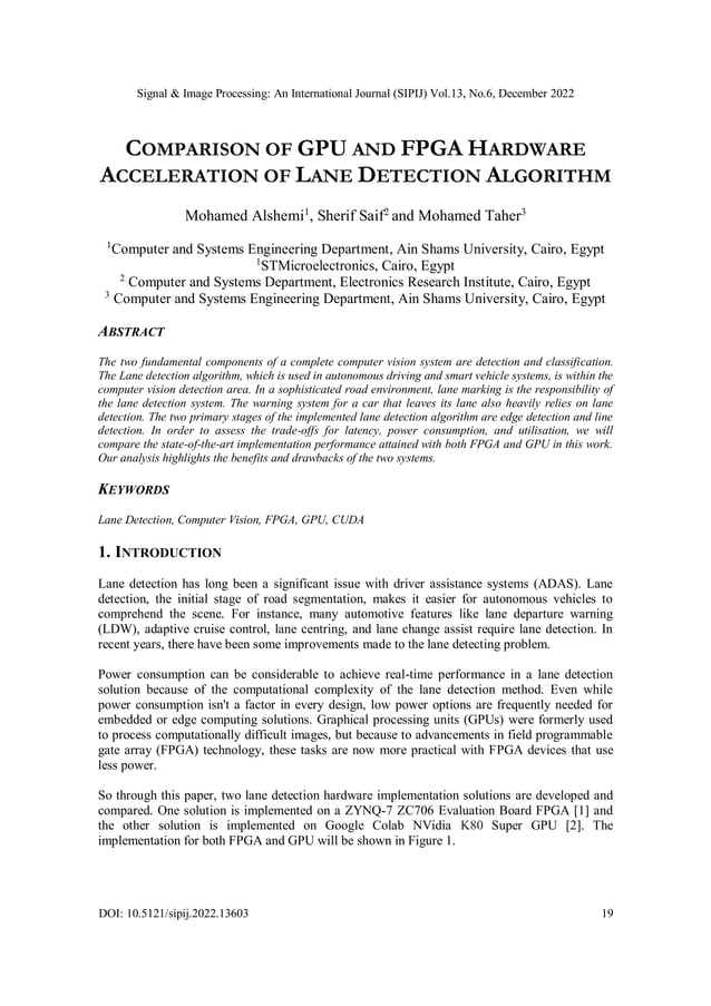 Comparison Of Gpu And Fpga Hardware Acceleration Of Lane Detection Algorithm Pdf Computing