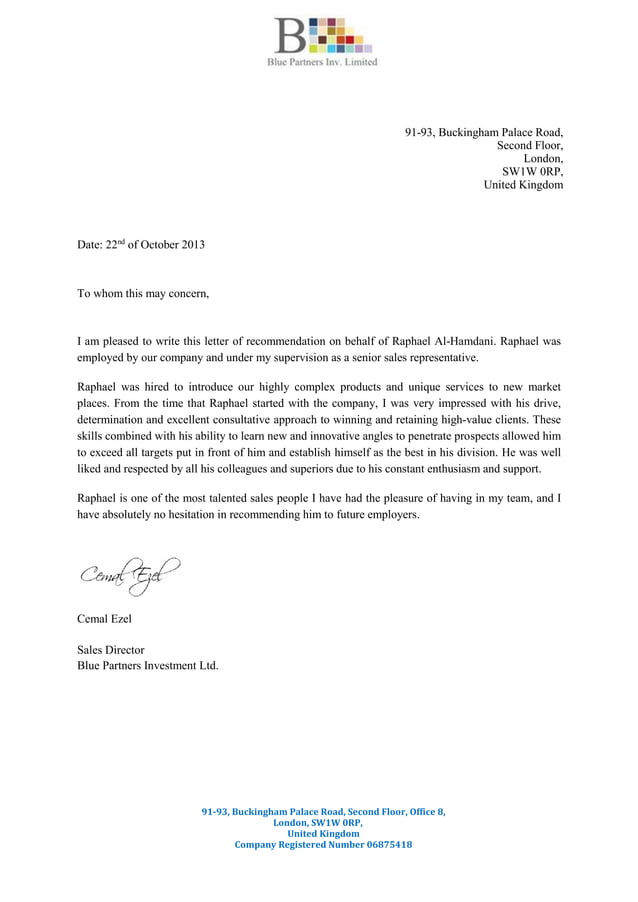 Raphael Al-Hamdani recommendation letter Blue Partners Inv. Ltd. | PDF