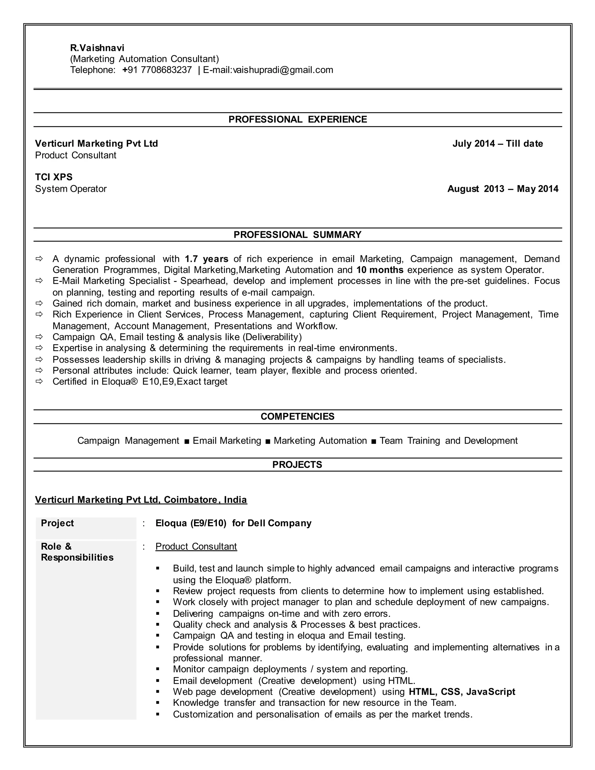 Marketing Automation Consultant-Vaishnavi.R | PDF