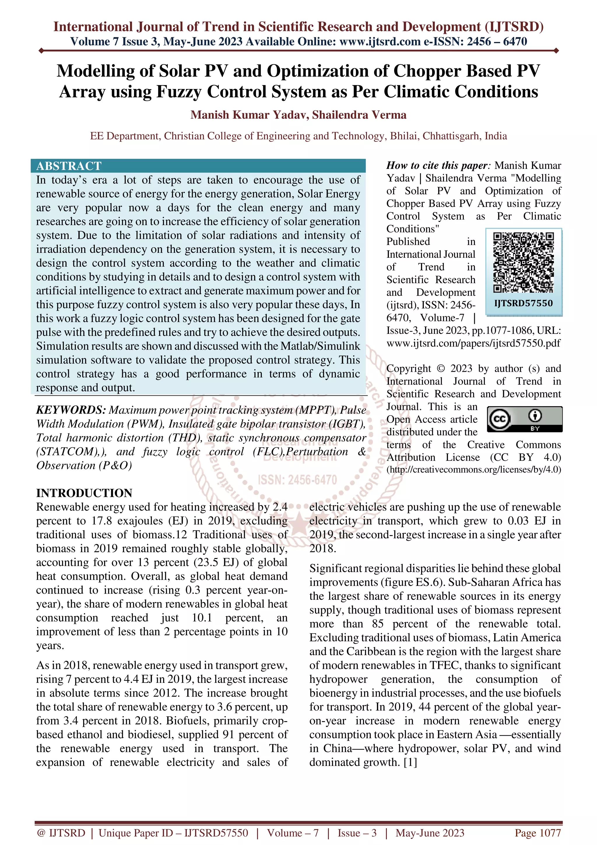Modelling Of Solar Pv And Optimization Of Chopper Based Pv Array Using