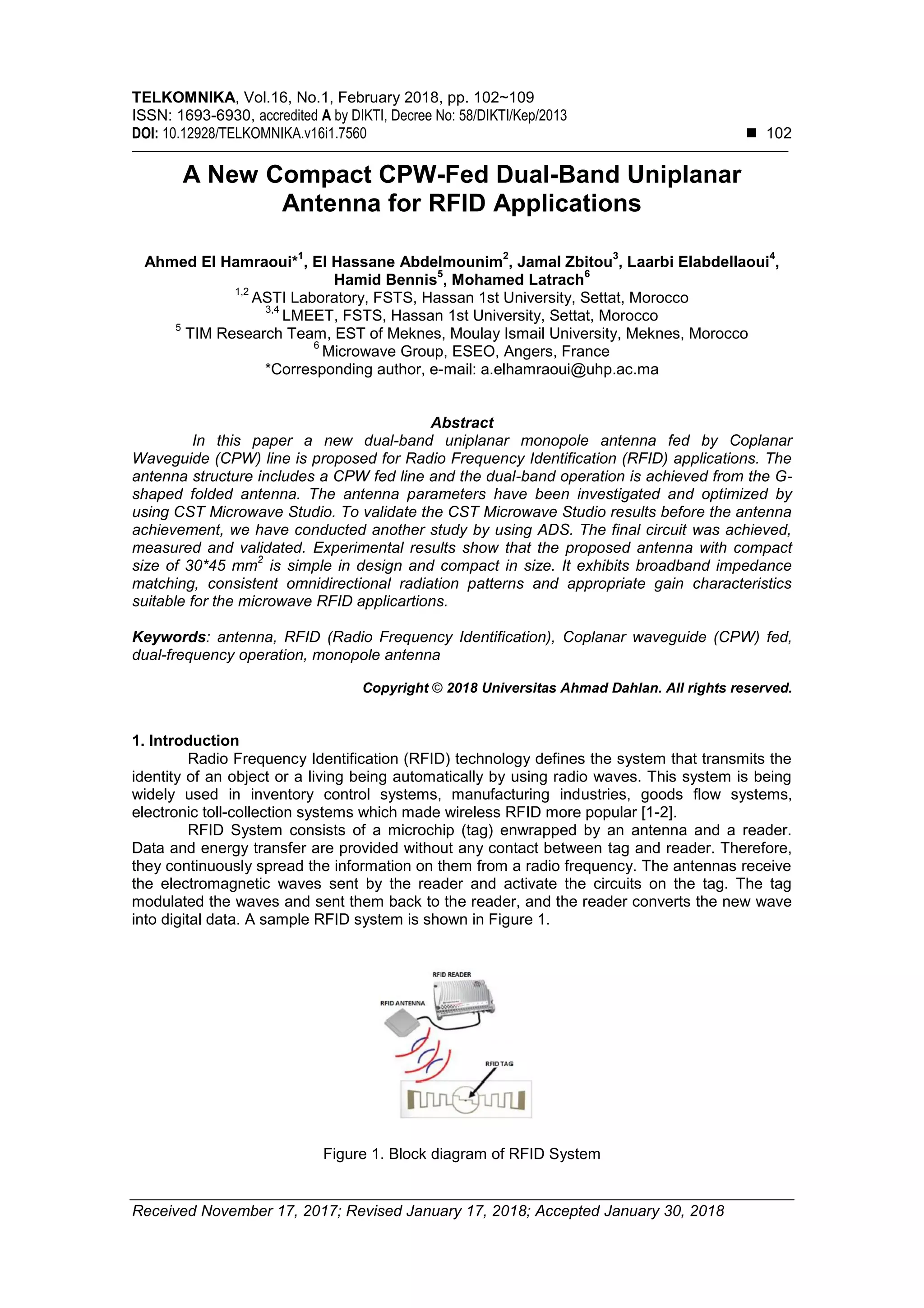 A New Compact CPW-Fed Dual-Band Uniplanar Antenna for RFID Applications ...