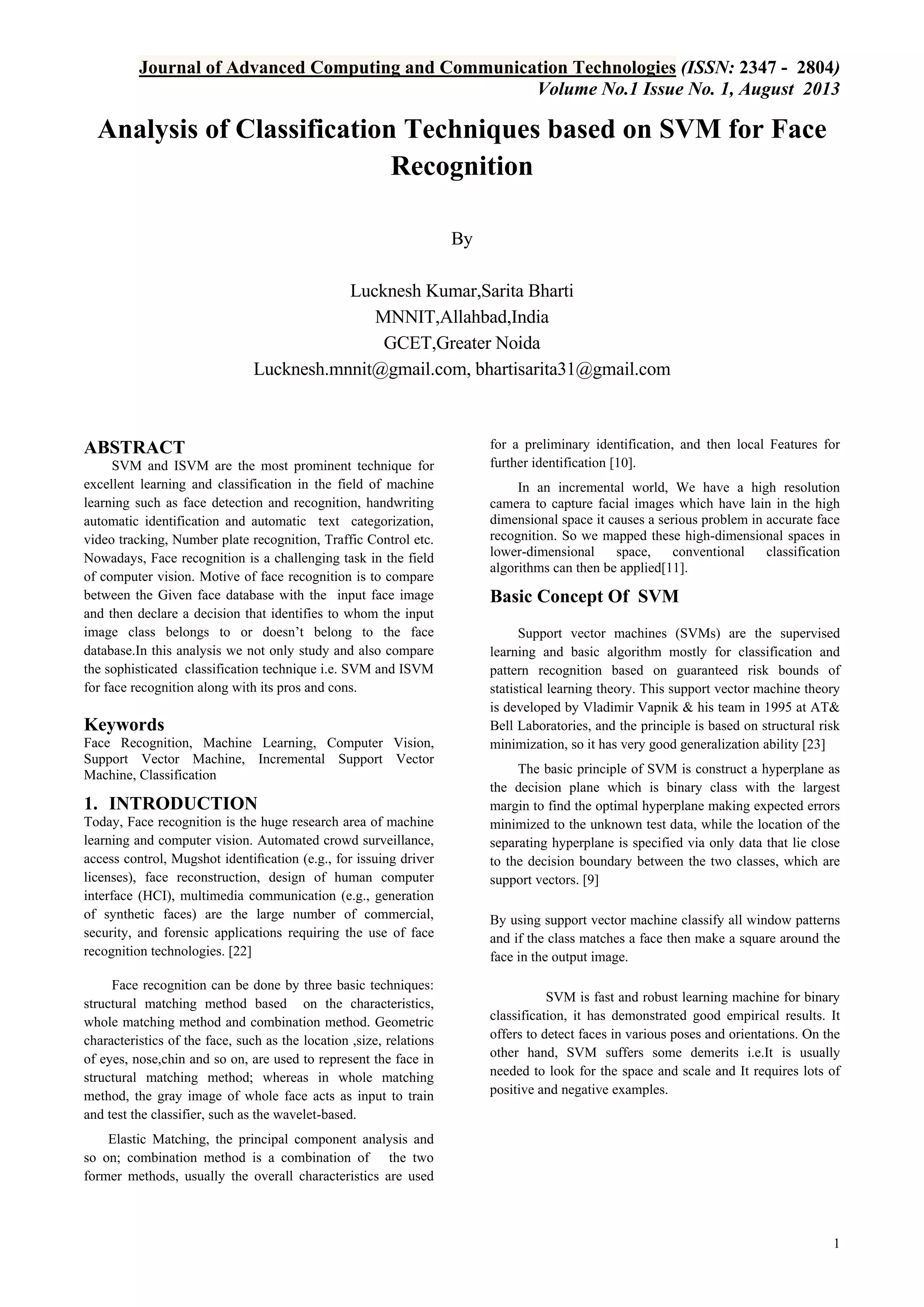 Analysis of Classification Techniques based on SVM for Face Recognition | PDF