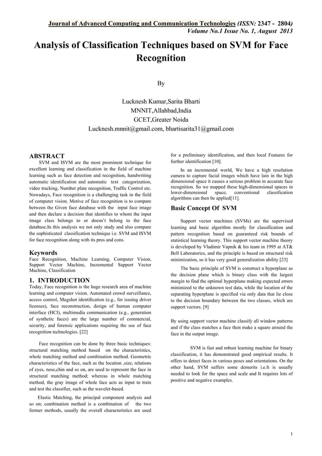 Analysis of Classification Techniques based on SVM for Face Recognition | PDF