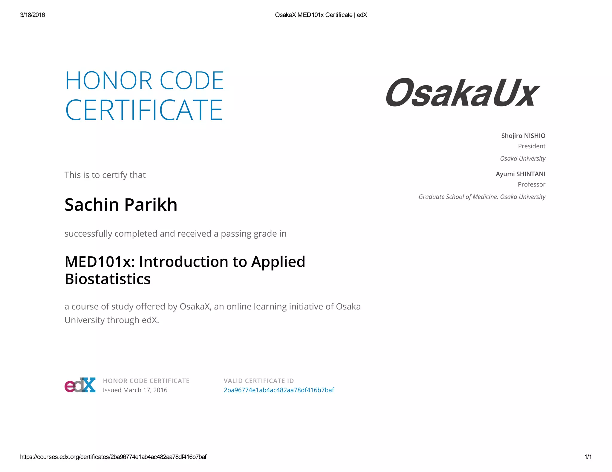 OsakaX MED101x Certificate _ edX | PDF